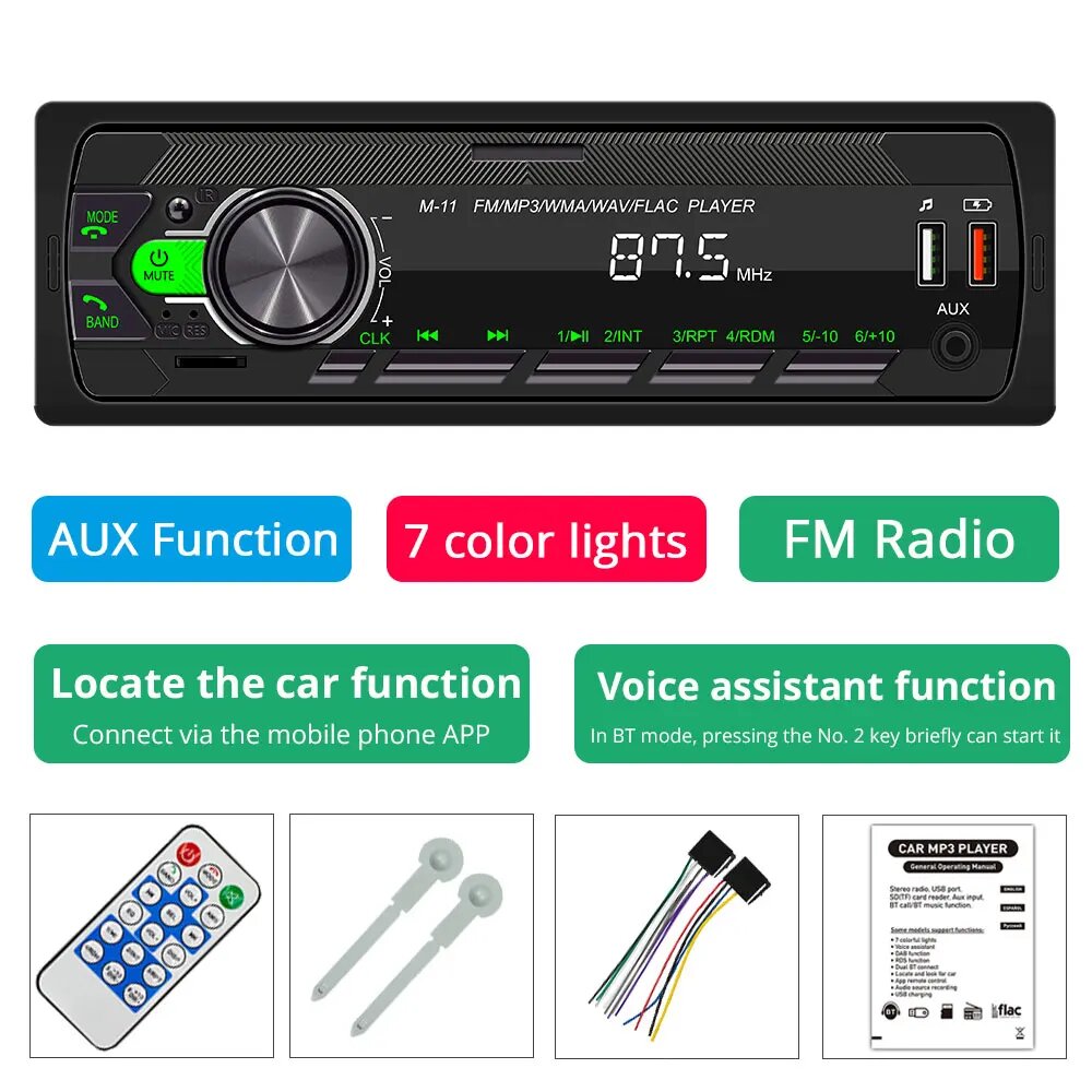 Автомобильное радио с Bluetooth, 1Din MP3-плеер, 45Wx4, FM, AUX, TF, стереосистема, функция поиска автомобиля через мобильное приложение и голосовой помощник