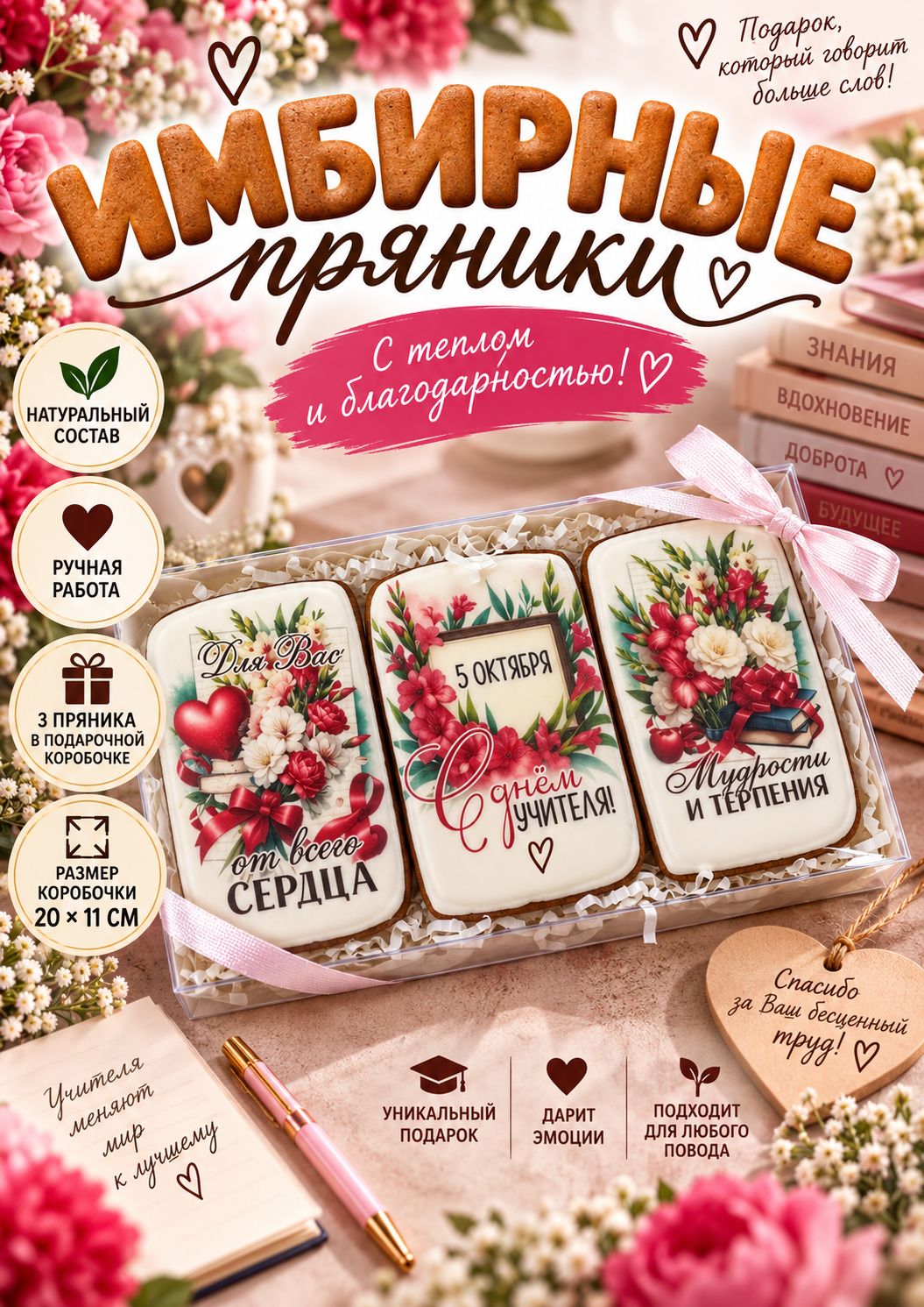 Имбирные пряники На День учителя, 3 штуки в подарочной коробочке