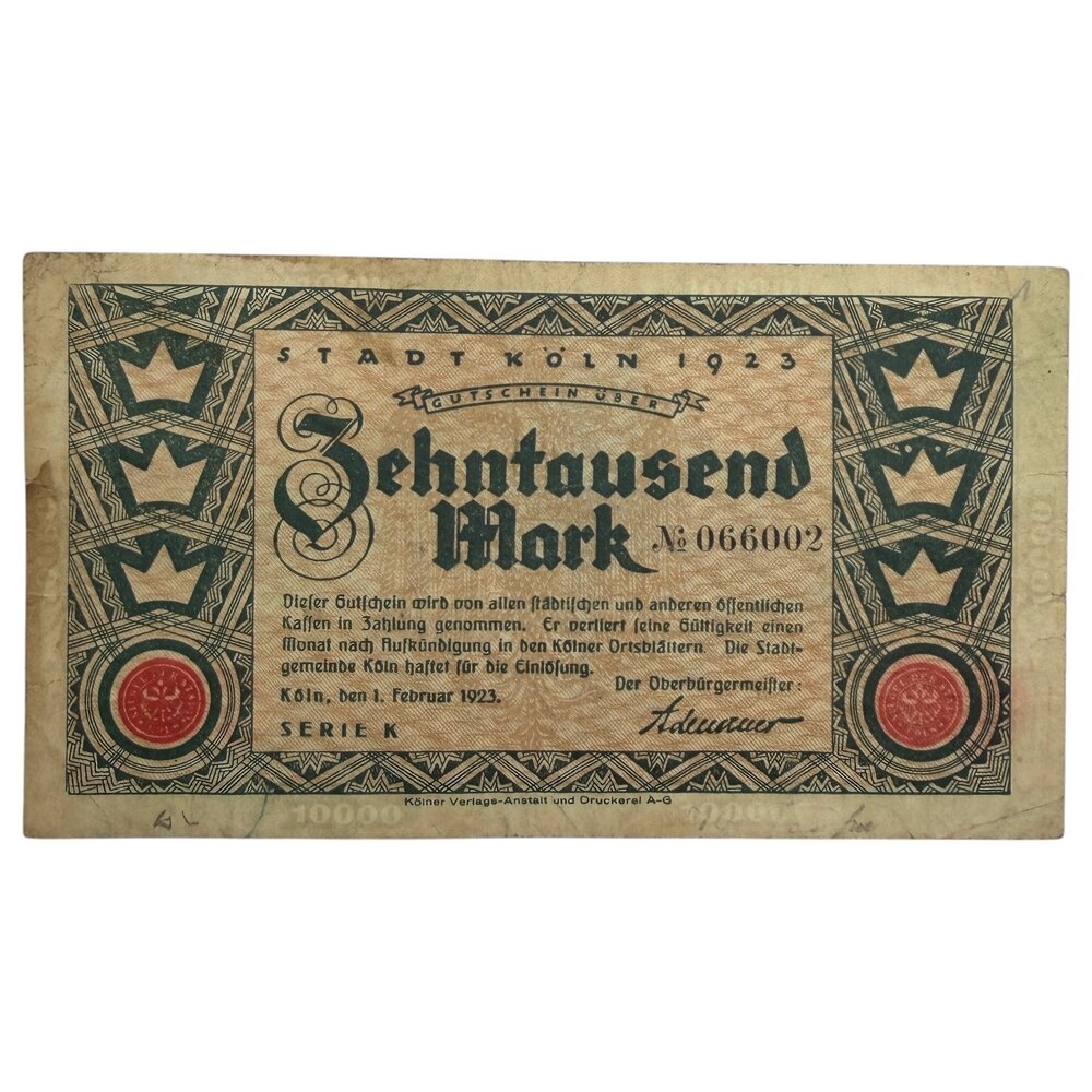 Германия (Веймарская республика) Кёльн 10000 марок 1923 г. (ВЗ - Wellen) (Серия K)
