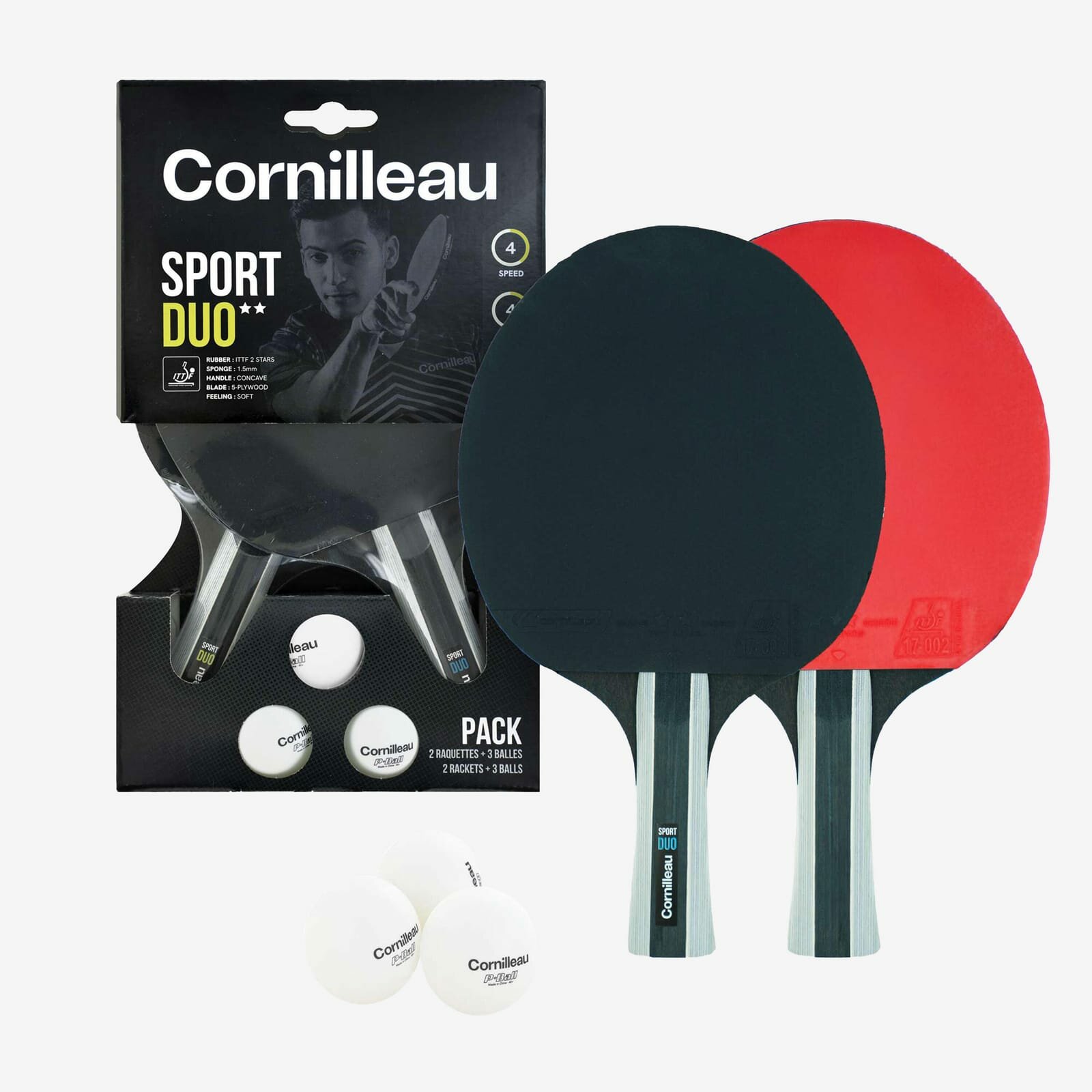 DECATHLON набор для настольного тенниса cornilleau duo free, вогнутая ручка, 2 ракетки, 3 мяча