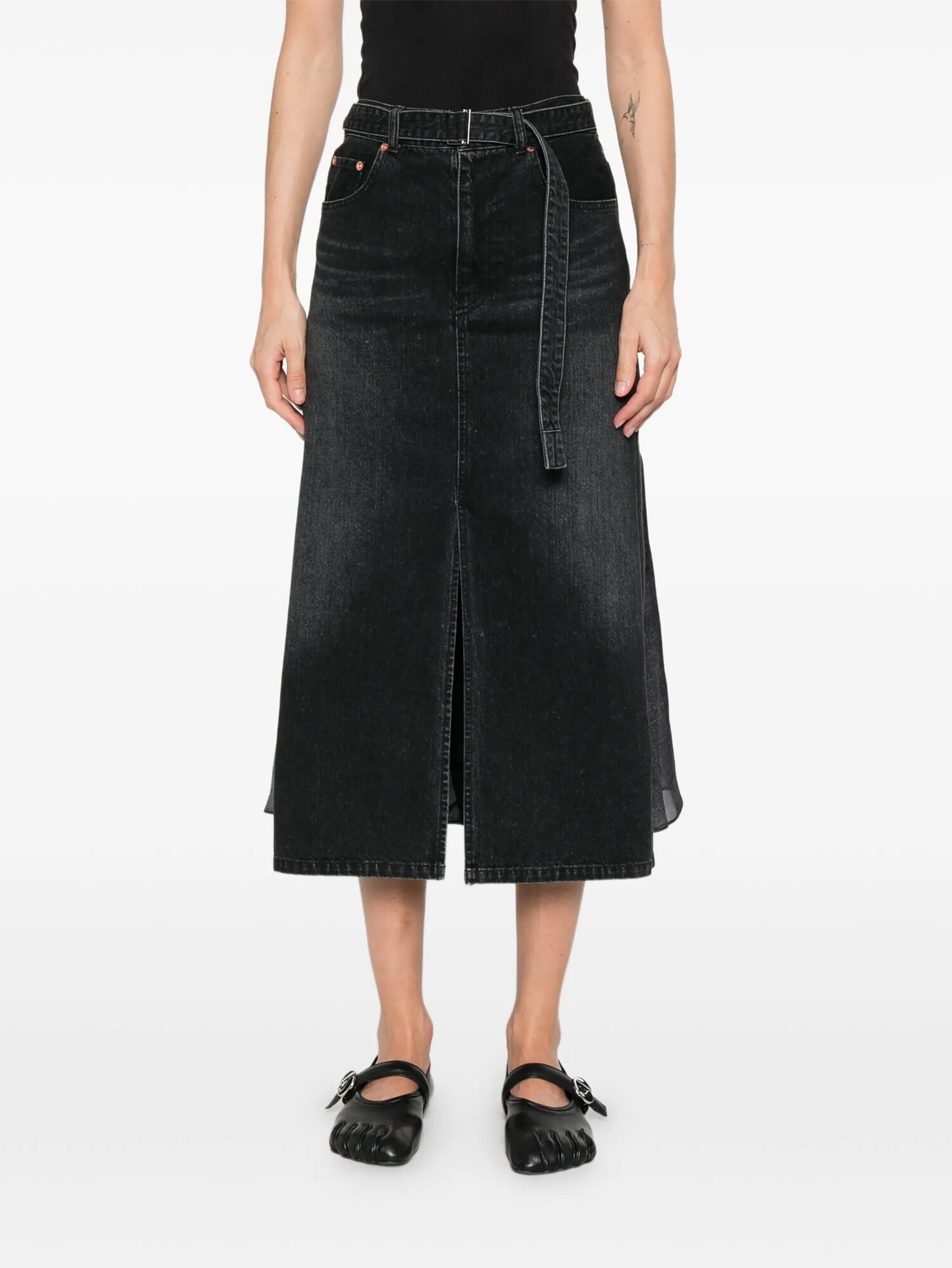 Юбка Sacai Belted split midi skirt, размер 44, черный — фото 1
