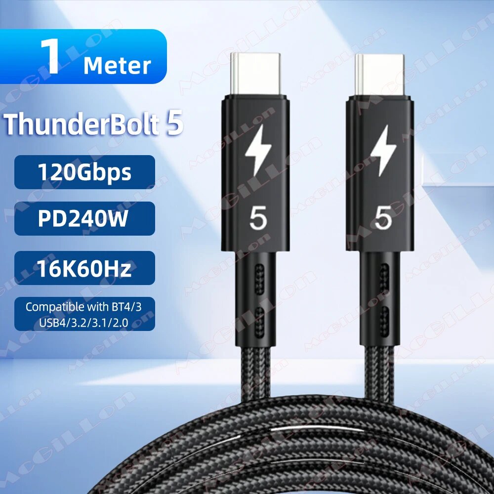 Кабель для передачи данных Thunderbolt 5 120 Гбит/с, PD 240 Вт, 16K, совместимый с Thunderbolt 4, USB5, полнофункциональная передача данных, быстрая зарядка Type-C