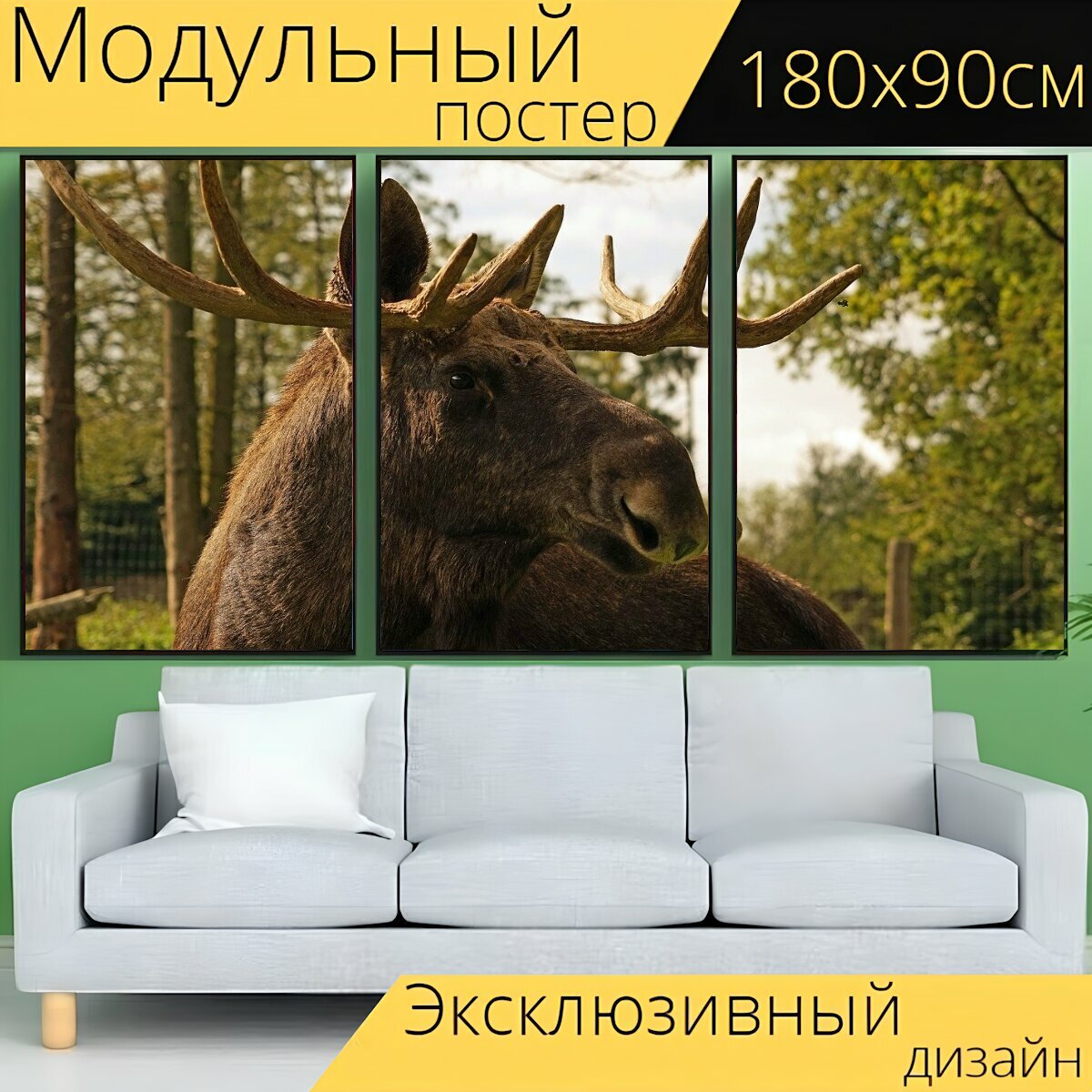 Модульный постер "Лось, рог, лось бык" 180 x 90 см. для интерьера на стену в тубусе