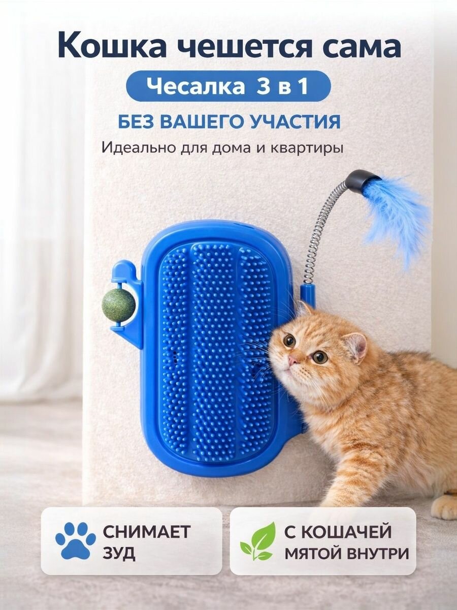 Чесалка для кошек, мятный шар и дразнилка 3в1, мята в комплекте, синий