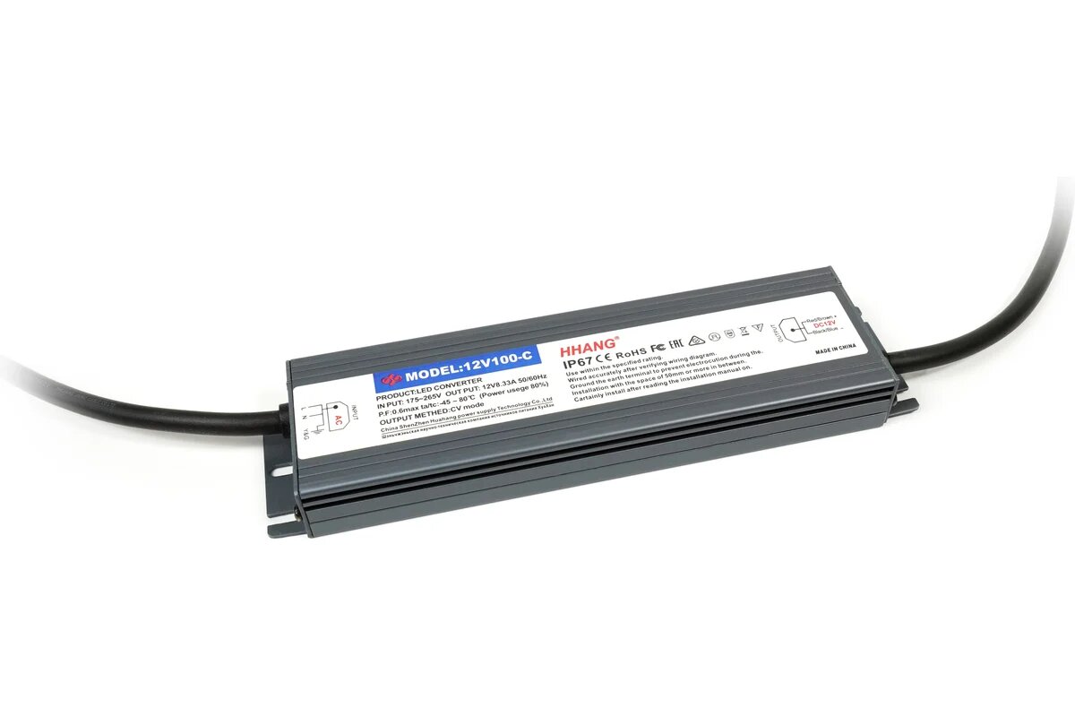 Блок питания DIAMOND LED SLIM‑12V‑3Y‑100W IP67 – трансформаторный драйвер 220 В → 12 В, 100 Вт, защита от пыли и влаги.