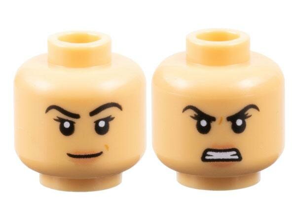 Деталь Lego 3626pb3463 Minifigure, Head Dual Sided Female Black Eyebrows and Eyelashes, Nougat Lips, Grin with Dimple / Angry with Bared Teeth Pattern