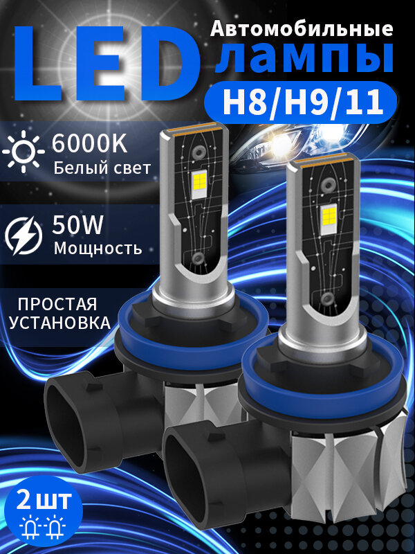 Светодиодные лампы для авто NLpearl MiniMax H11 H8 H9 H16 6000K 16000LM 50W 12V белый свет 2 шт, в ближний, дальний, ПТФ
