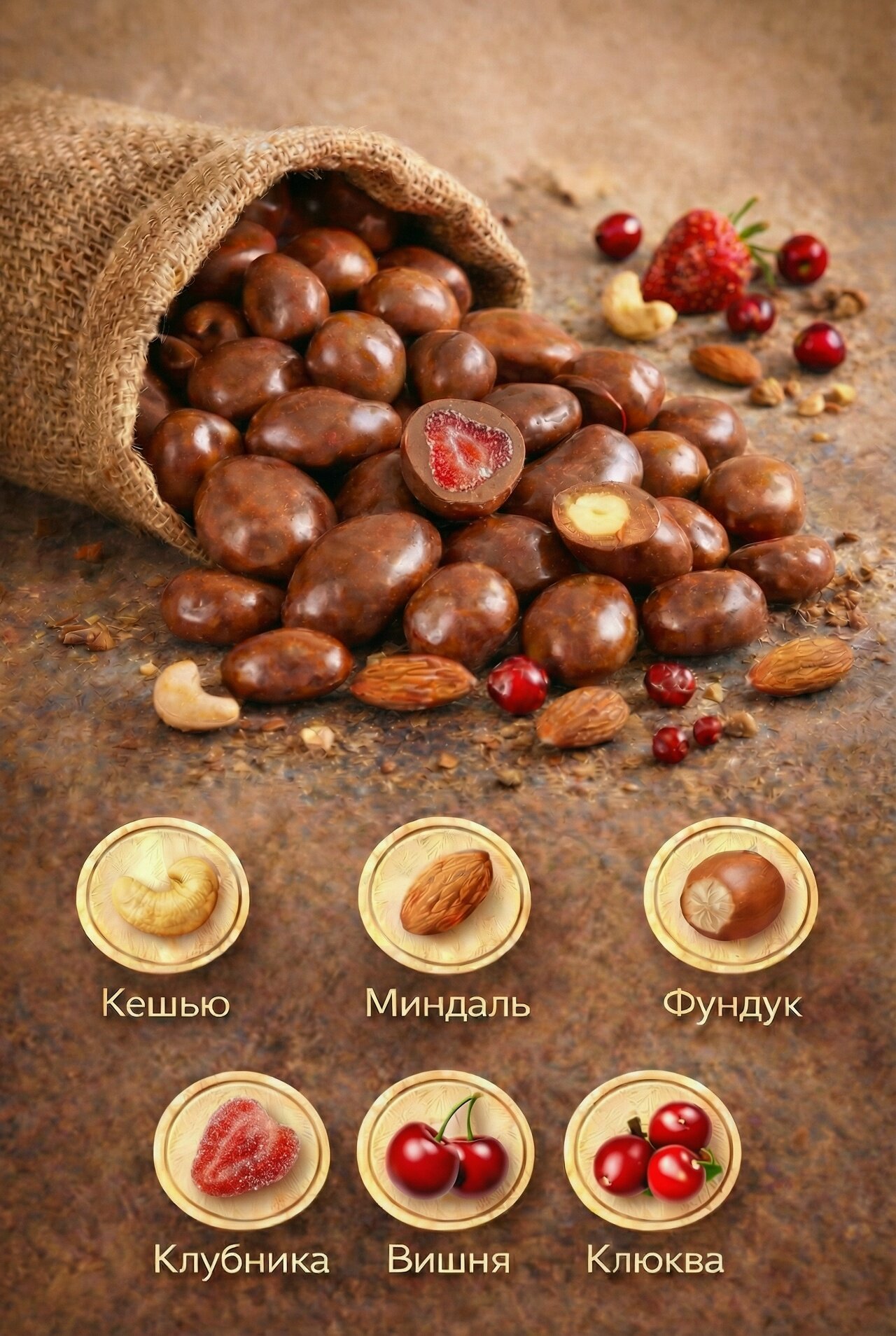 Ассорти орехово-ягодное (кешью, миндаль, фундук, клубника, вишня, клюква) в бельгийском молочном шоколаде 500 г