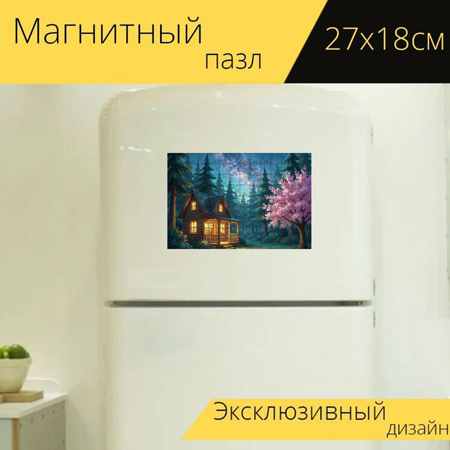Магнитный пазл "Домик в лесу под звёздным небом. Уютный деревянный коттедж среди высоких елей, цветущая сакура и тропинка в лесу. Ночное небо с Млечным." на холодильник 27 x 18 см.
