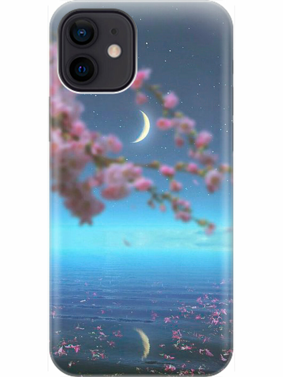 Силиконовый чехол на Apple iPhone 12 / 12 Pro / Эпл Айфон 12 / 12 Про с рисунком "Месяц и сакура"