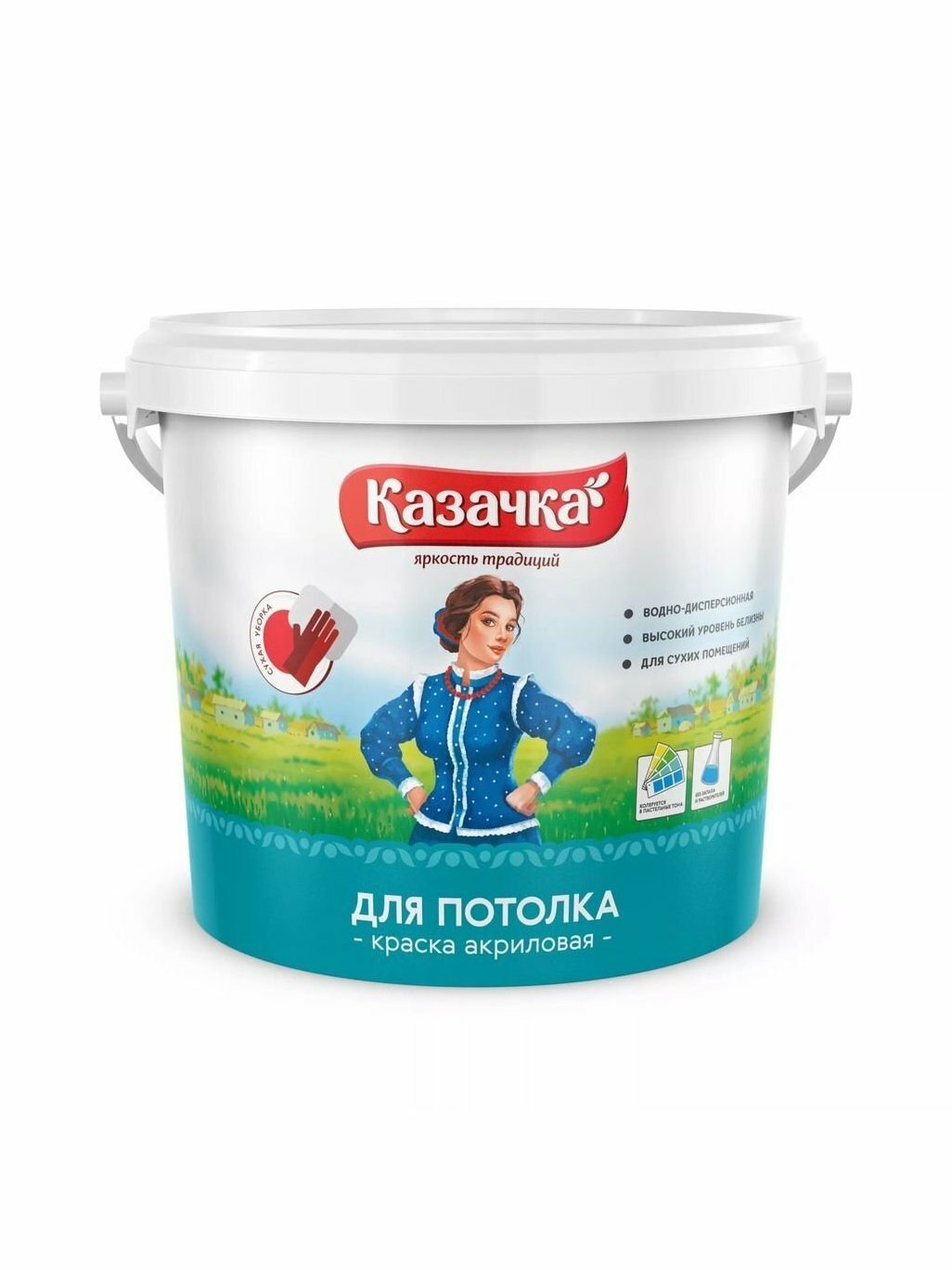 Краска водно-дисперсионная Казачка W-1 акриловая для потолков и обоев матовая белая 4.5 кг для внутренних работ