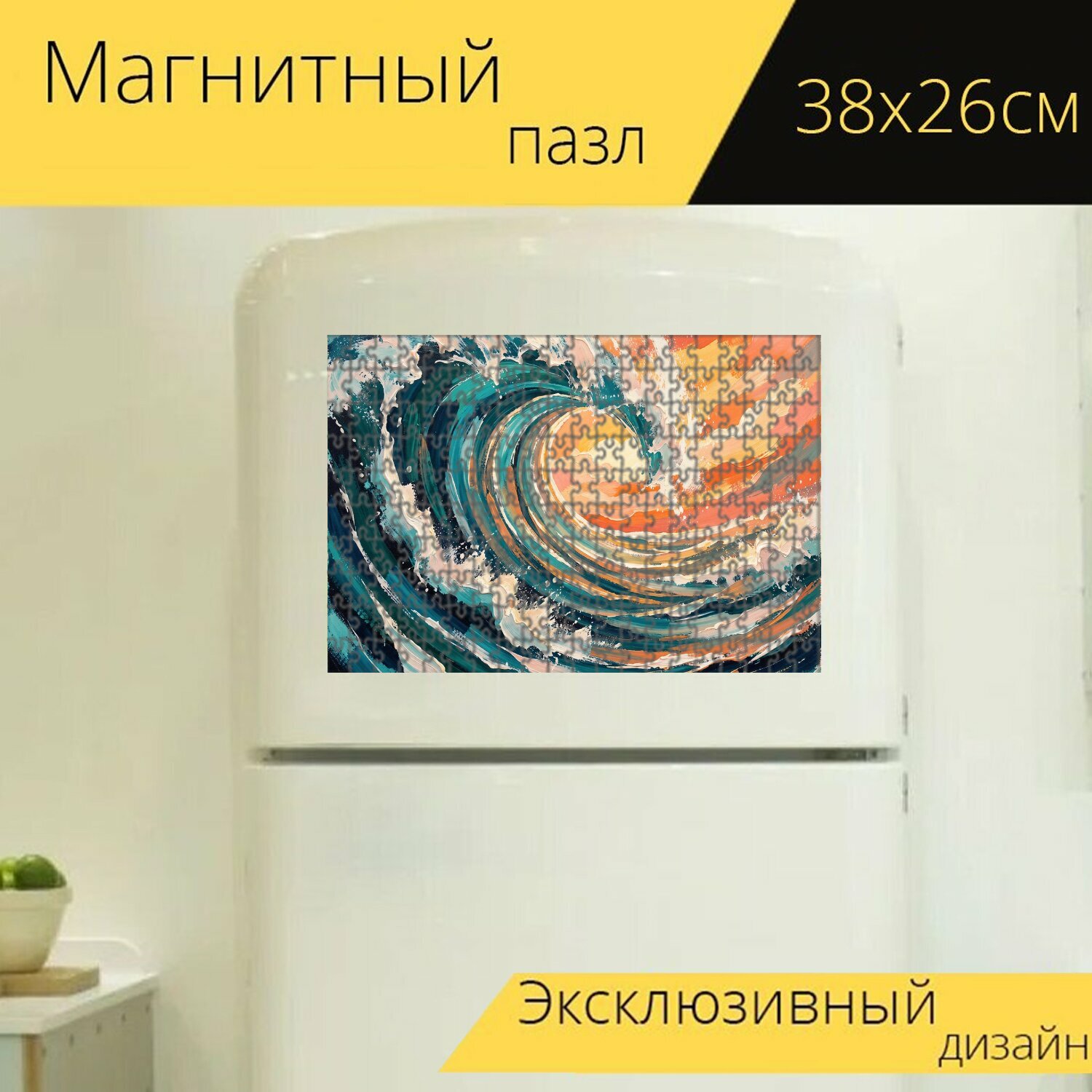 Магнитный пазл "Абстрактная морская волна на закате. Экспрессивный океанический вихрь с пенными брызгами и сияющим солнцем, выполненный широкими мазками." для интерьера, 38х26 см.