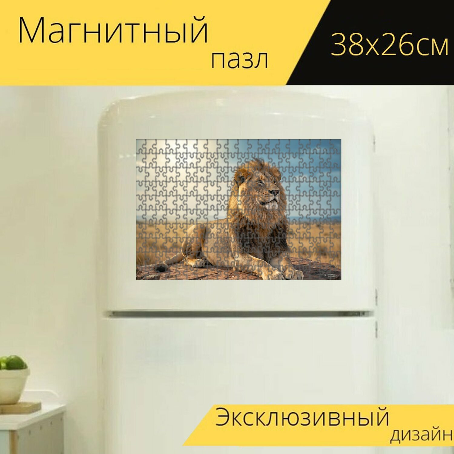 Магнитный пазл "Лев на скале в саванне. Величественный хищник с пышной гривой отдыхает на каменном плато среди африканской степи. Золотистые, песочные и." для интерьера, 38х26 см.
