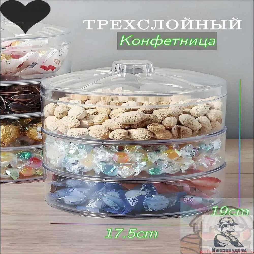 Конфетница трехъярусная, с крышкой, прозрачная, для конфет, круглая, пластиковая, 17.5x19 см