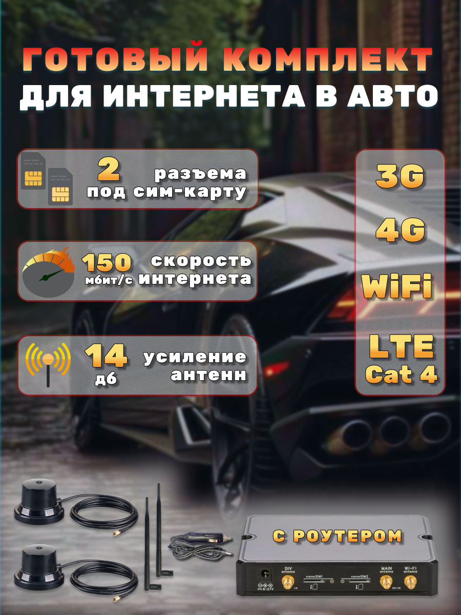 Комплект для интернета в автомобиль KROKS AUTO-MR4V, 4G роутер и магнитная антенна для стабильной связи на трассе