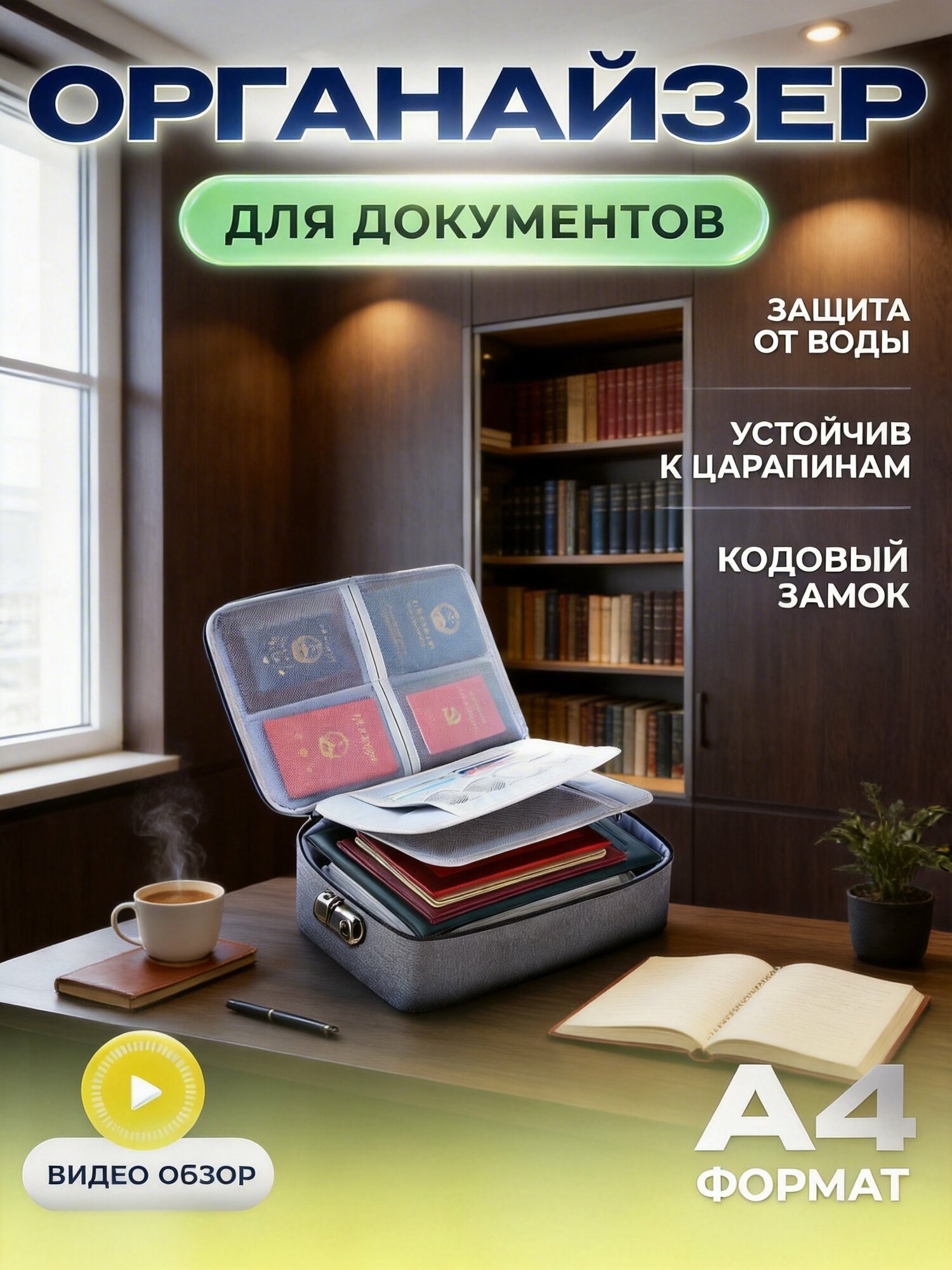 Органайзер для документов а4 на молнии с кодовым замком, папка для хранения бумаг с разделителями, ручкой и ремнём для крепления к чемодану