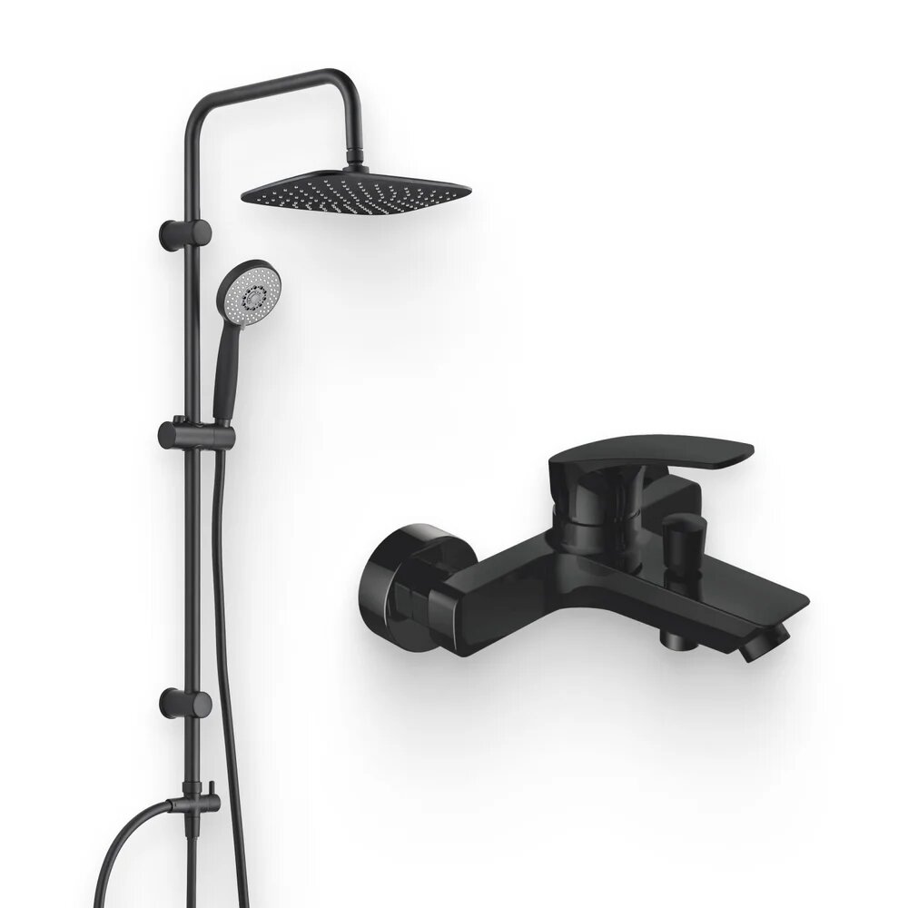 Душевой комплект Смеситель Aquanet Static AF330-20B, чёрный матовый / Стойка Passion AF300-70-RC-B, черная