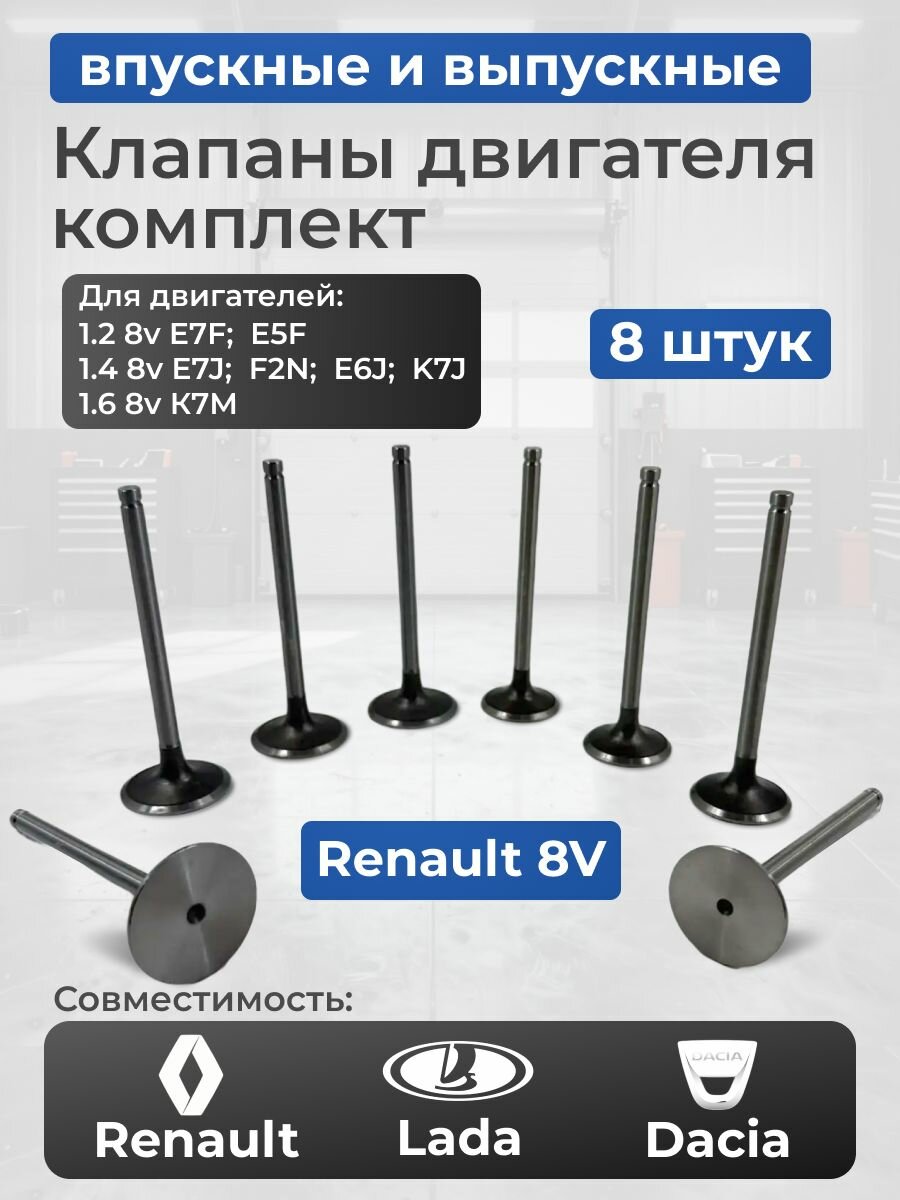 Комплект клапанов 4+4 впуск + выпуск Renault Lada Dacia 8 штук
