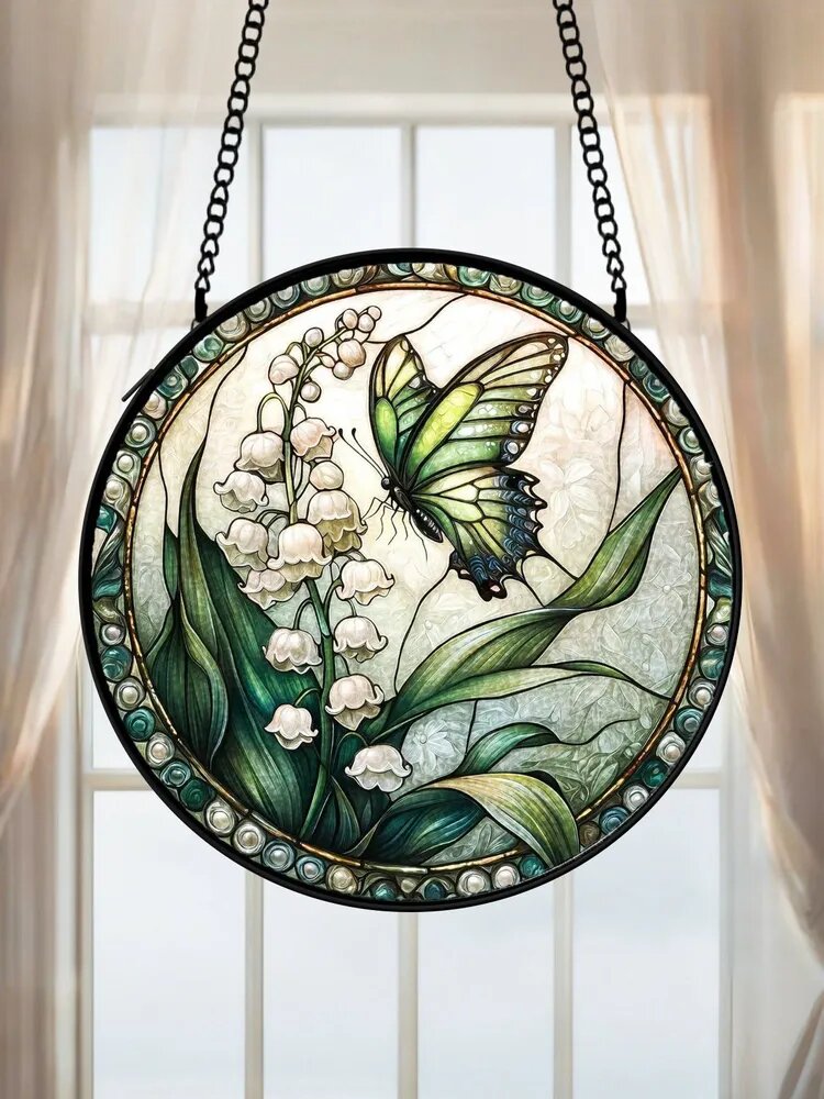 Витражная подвеска на окно Дерево жизни 15 см, стеклянный ловец солнца для интерьера