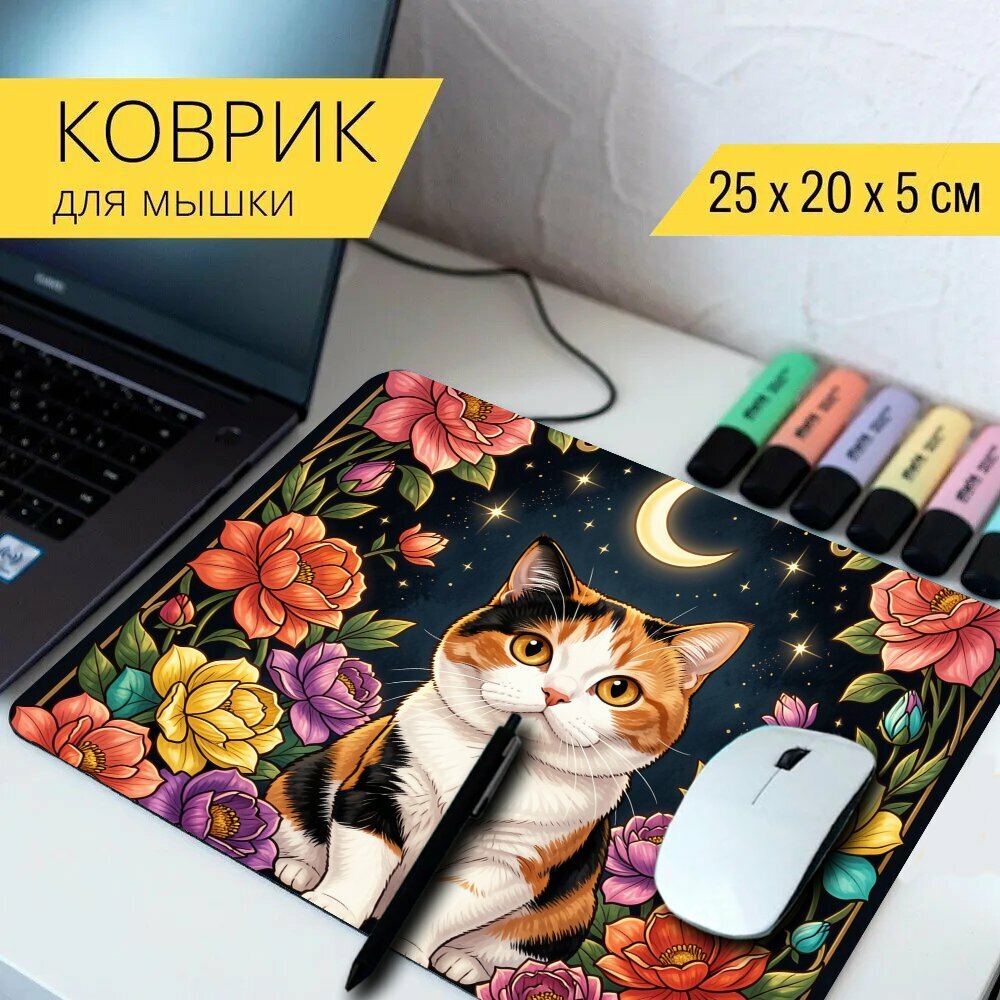 Коврик для мыши с принтом "Кот среди ярких цветов и луны. Очаровательный рыжевато-белый кот в центре композиции, вокруг крупные цветы в розовых, оранжевых, желтых и." 25x20см.