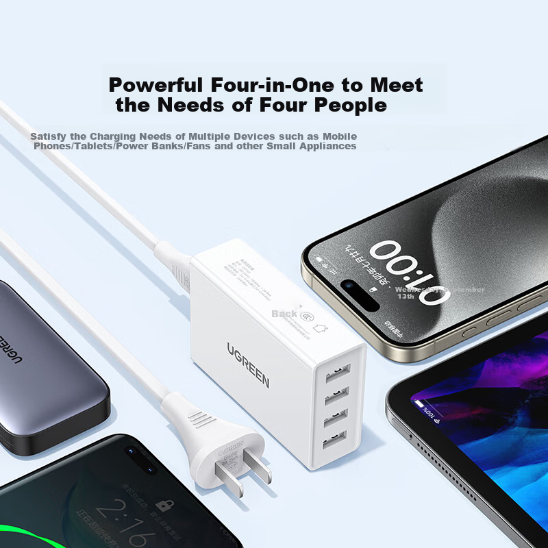 UGREEN 4-портовый USB-разъем для быстрой зарядки 6.8A для iPhone 17/16e15, Huawei, Xiaomi, iPad, планшетов и часов
