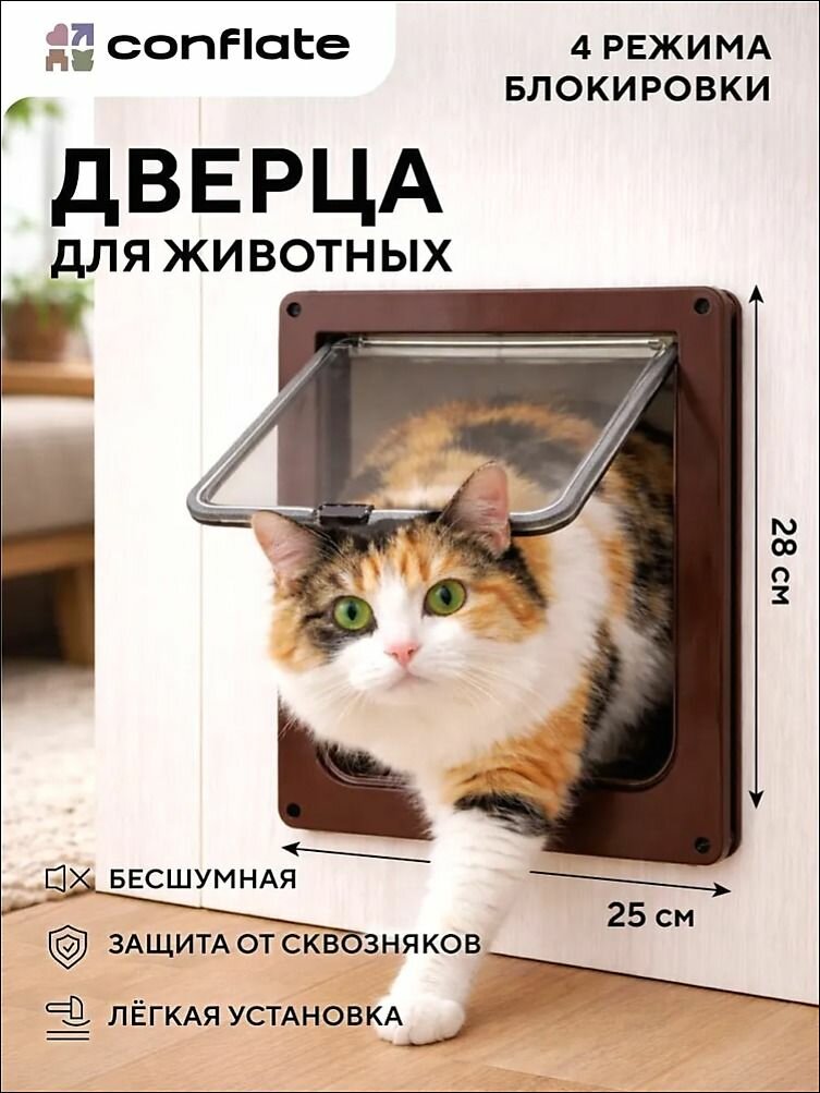 Дверца для кошки в дверь 25*28 см, коричневаяДверца для домашних животных может контролировать направление прохода