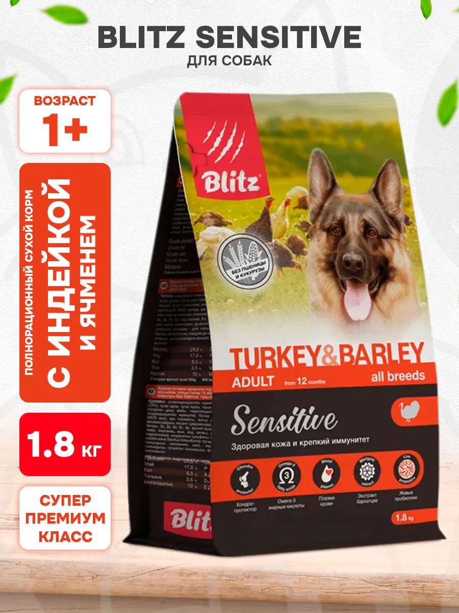 Сухой корм Blitz Sensitive Adult All Breeds Turkey&Barley для взрослых собак всех пород с чувствительным пищеварением индейка и ячмень, 1,8 кг