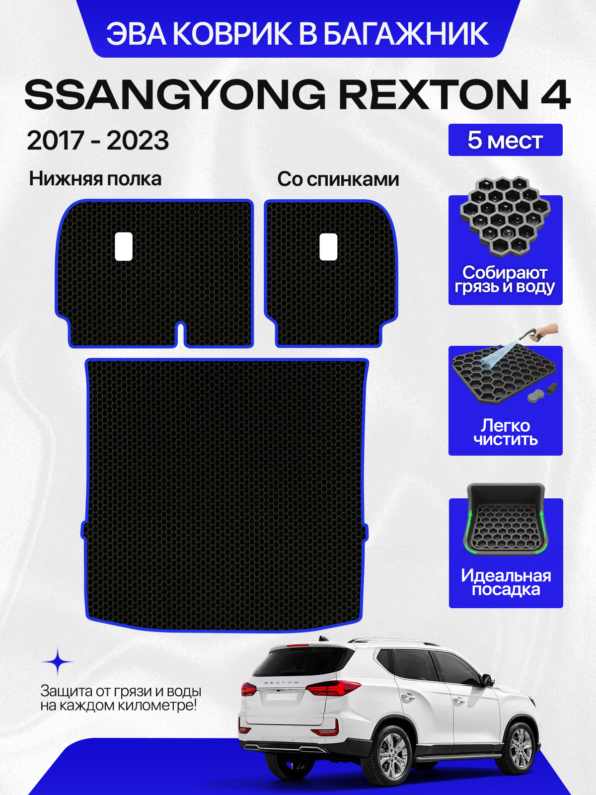 Эва коврик в багажник со спинками для SSANGYONG REXTON 4 2017-2023 5 Мест Нижняя полка , черный с синим кантом (Санг Йонг, Санг Енг, Ссангйонг Рекстон 4 поколение 2017-2023 5 Мест) Eva, Ева