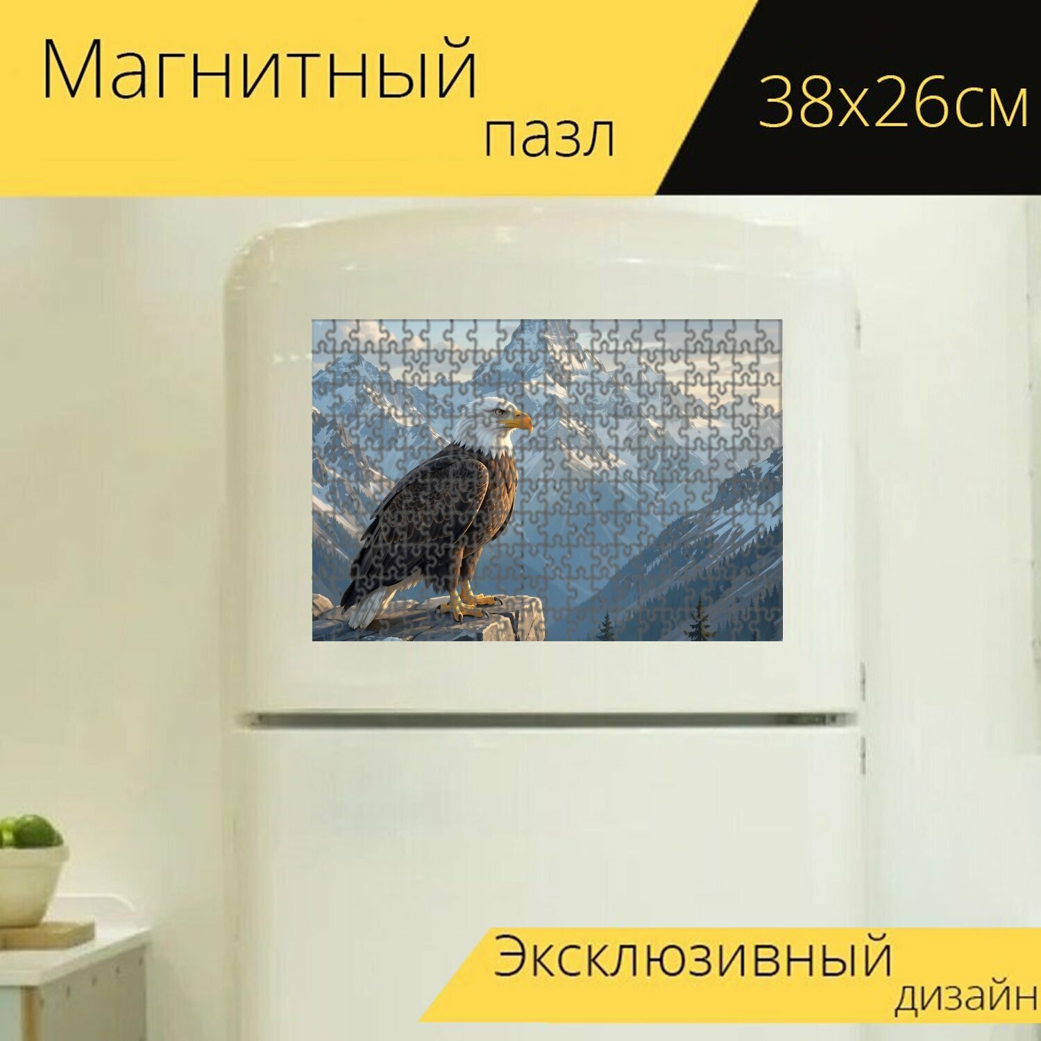 Магнитный пазл "Орел на скале в горах. Величественная хищная птица на каменном уступе среди заснеженных вершин. Цифровая живопись в холодных синих и серых." для интерьера, 38х26 см.