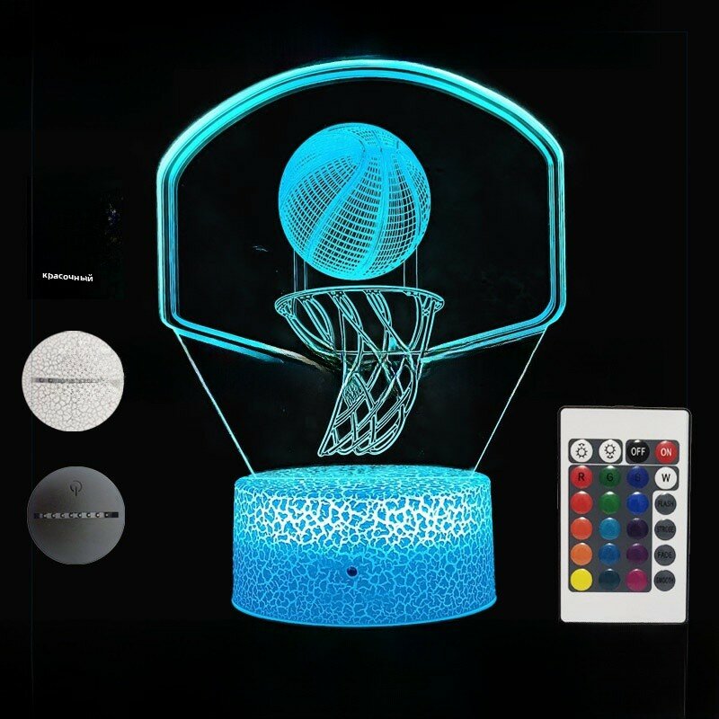 Ночник 3D с RGB-подсветкой для баскетбола - треснутая подставка, сенсорное управление, тема броска