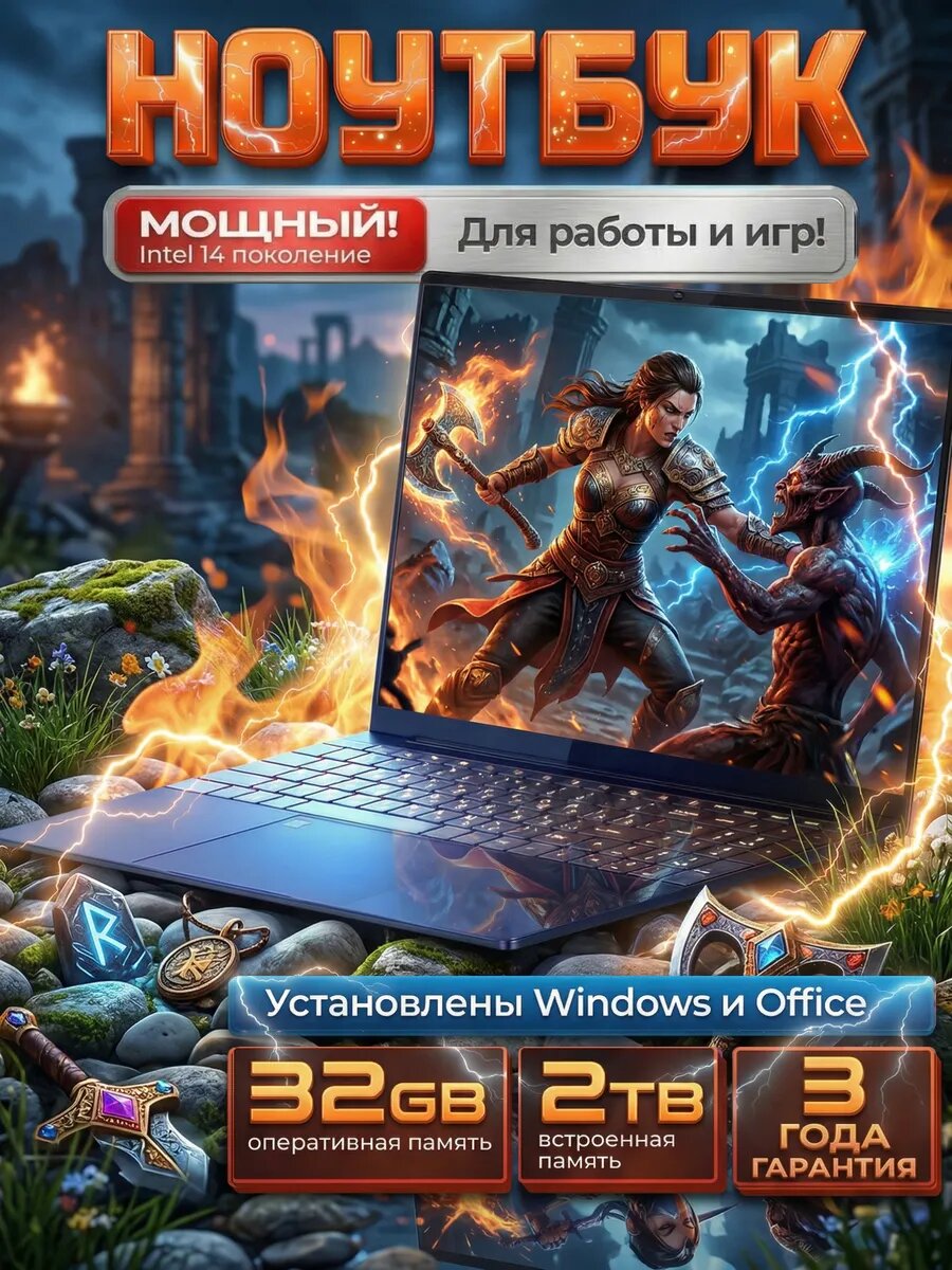 Ноутбук игровой 2026 Intel H-series, RAM 32GB, SSD 2048GB, IPS + Windows, Office