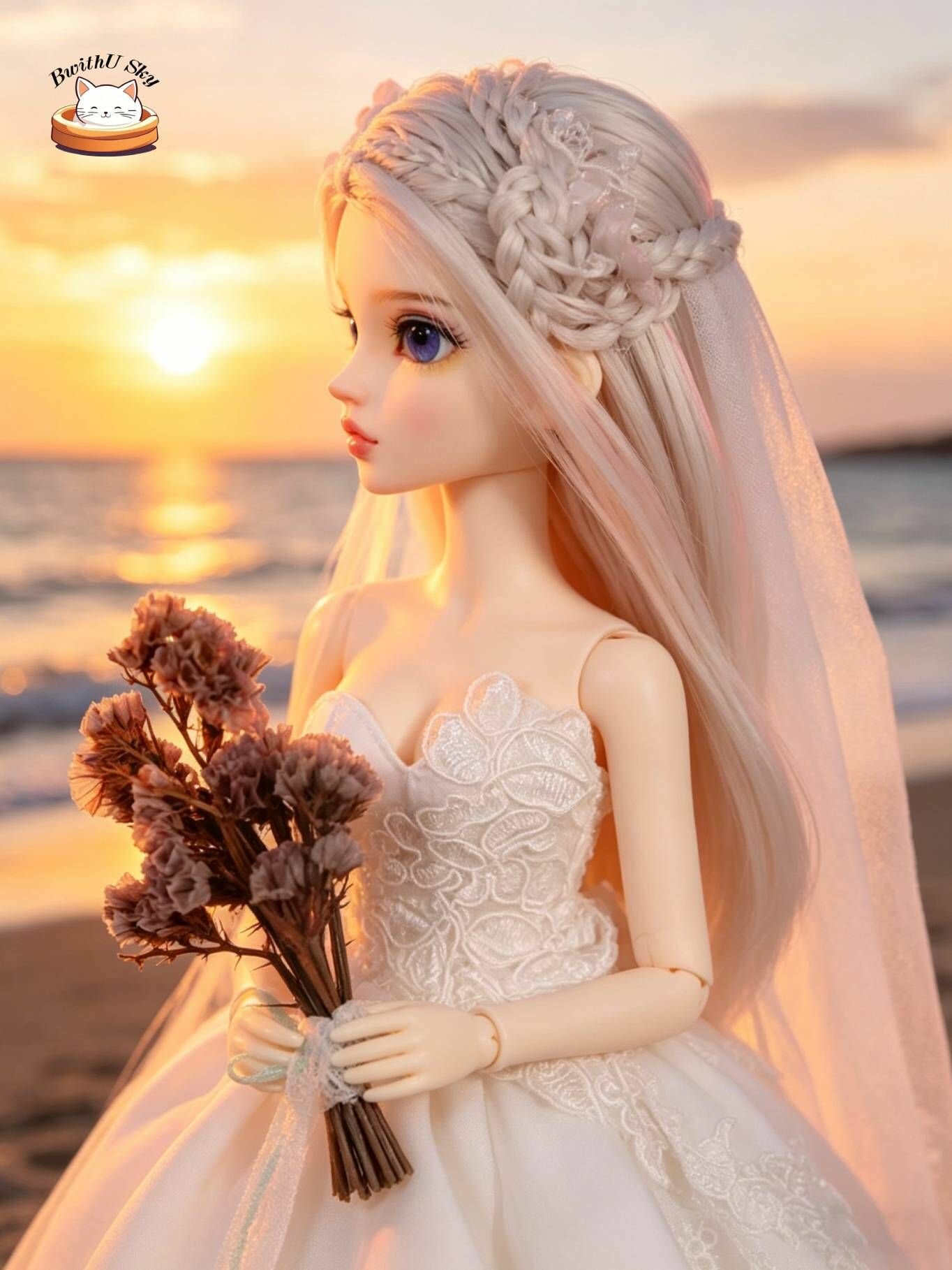 BwithUSky Moka 1/4 BJD Кукла: Белое свадебное платье с вуалью и букетом, нежный романтический образ невесты