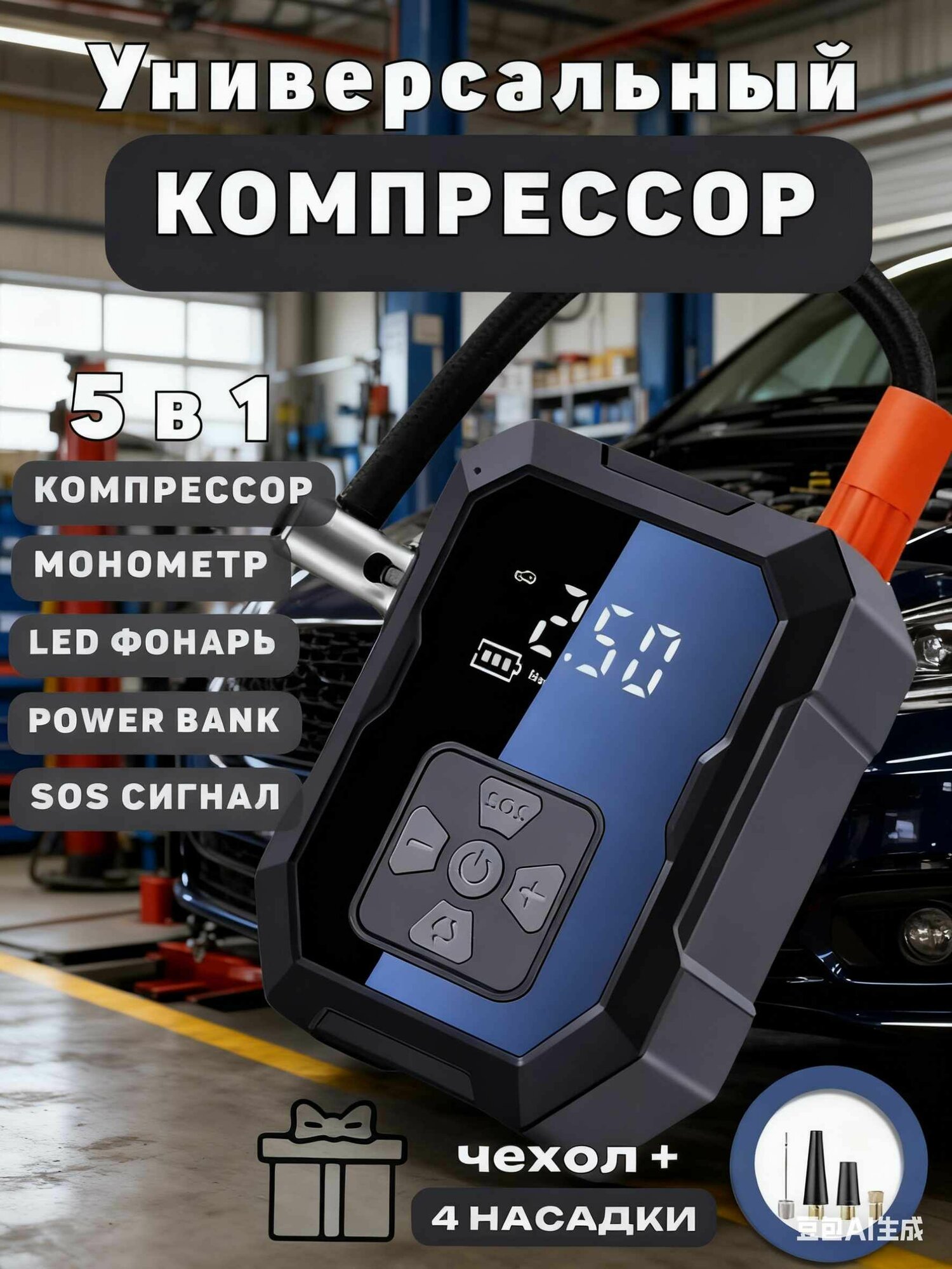Автомобильный компрессор 120 Вт — портативный воздушный насос 30 л/мин для шин, надувных лодок, матрасов и шаров