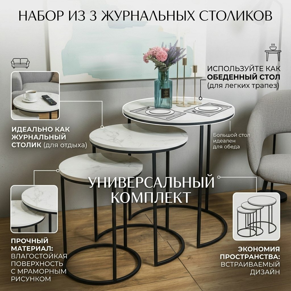 Столики журнальные "Трио", лофт, металл, круглый, чёрный каркас, белая столешница