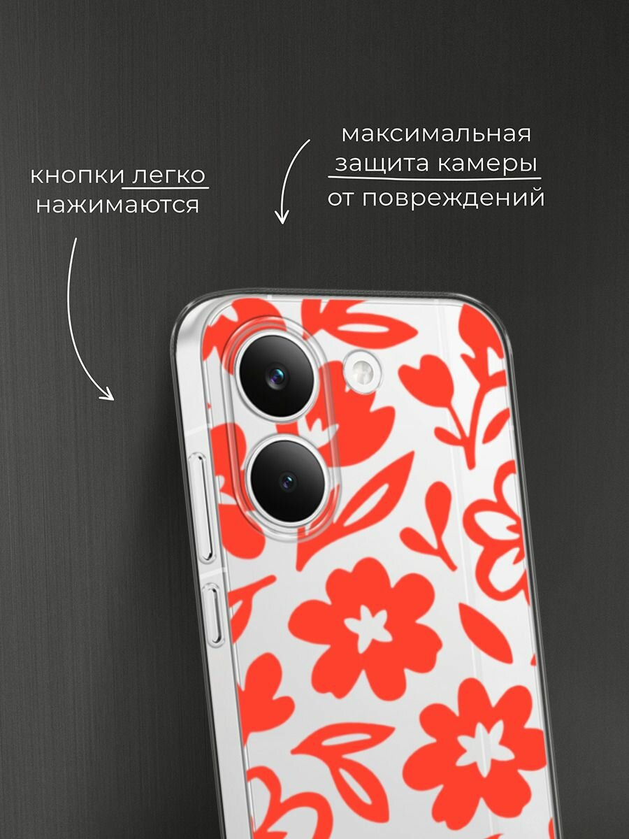 Чехол на Poco X8 Pro / Поко X8 Про с принтом Красный цветочный орнамент, прозрачный — фото 1