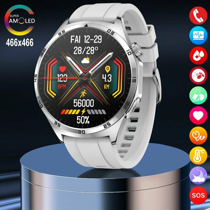 2024 смарт часы круглые мужские, с экг,46mm, умные часы с функцией вызова по Bluetooth, с измерением сахара в крови,
