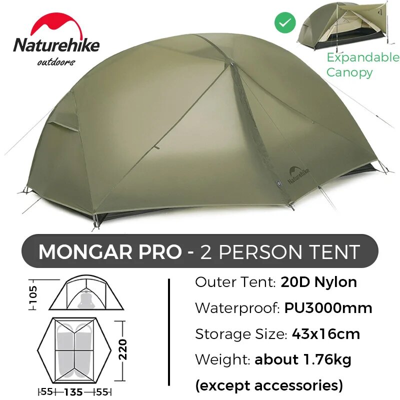 Палатка Naturehike Mongar для 2 человек ультралегкая для кемпинга, путешествий, двуспальная, водонепроницаемая, 3 сезона, портативная-2P-20D PRO-Зеленая