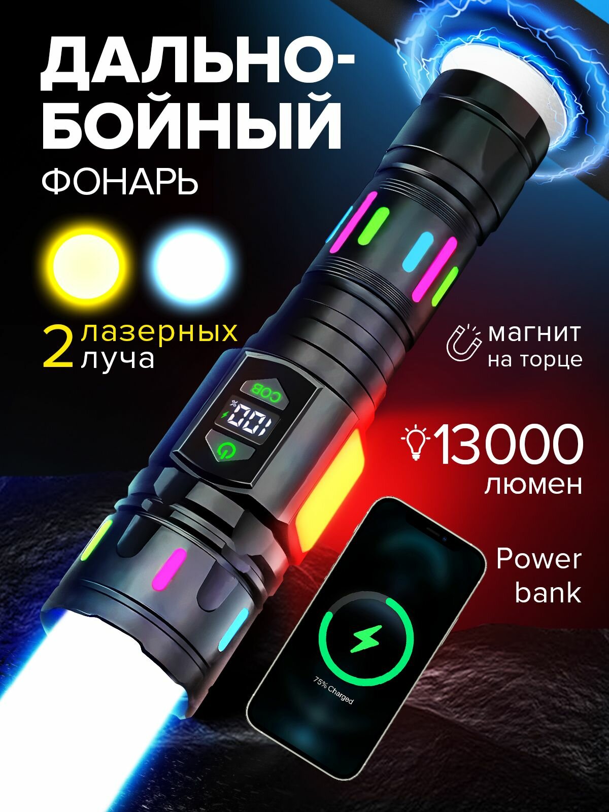 Фонарь ручной аккумуляторный мощный дальнобойный 3000м