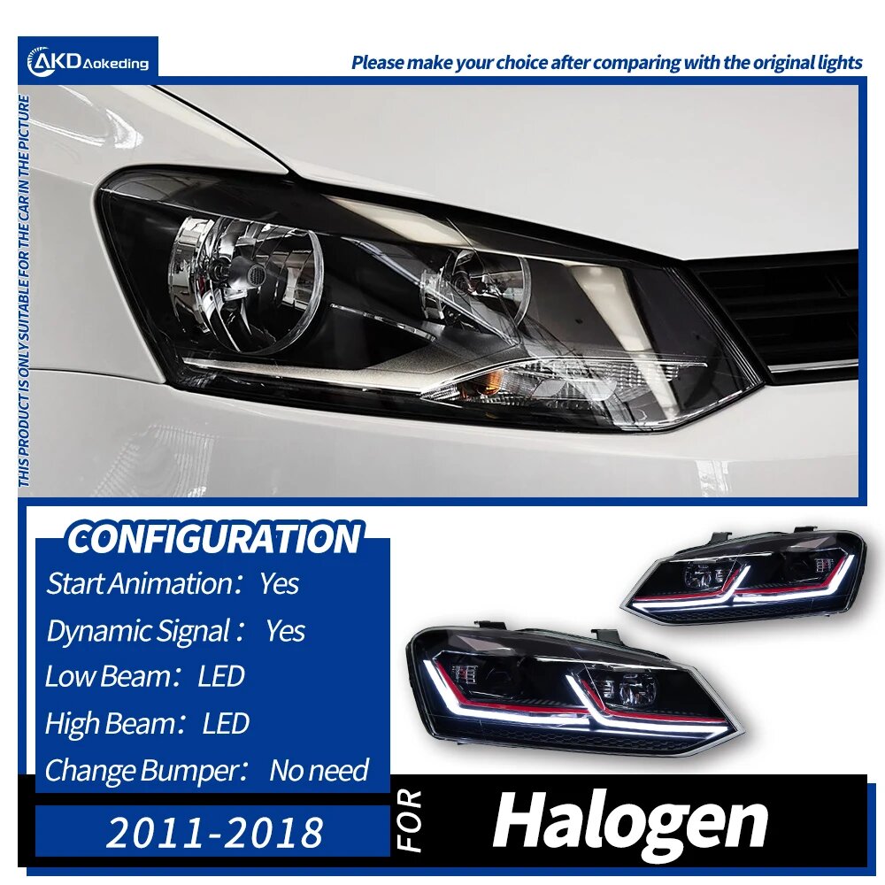 Фара AKD для VW Polo LED-фара 2011-2018 года выпуска Фары POLO Дневной ходовой свет Сигнал поворота Основной фара Ангельское окошко Проекторная линза