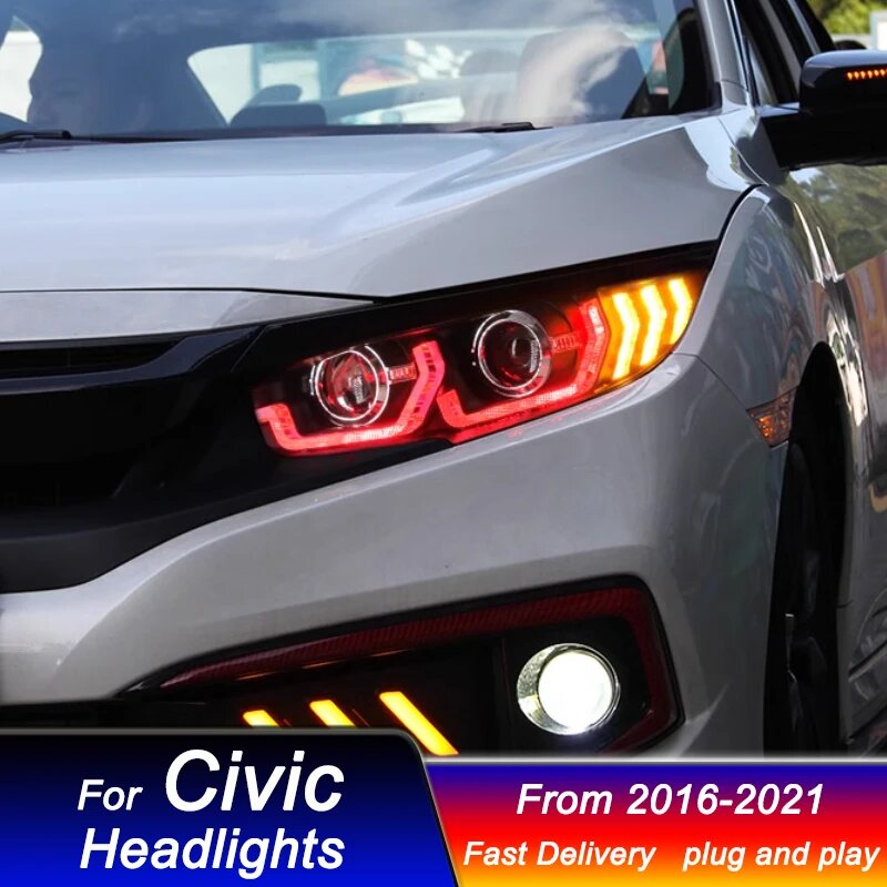Фары для автомобиля Honda CIVIC 10-го поколения 2016-2021 EMAKR DOT Стиль LED DRL Динамический сигнальный фонарь Фара Передняя световая сборка