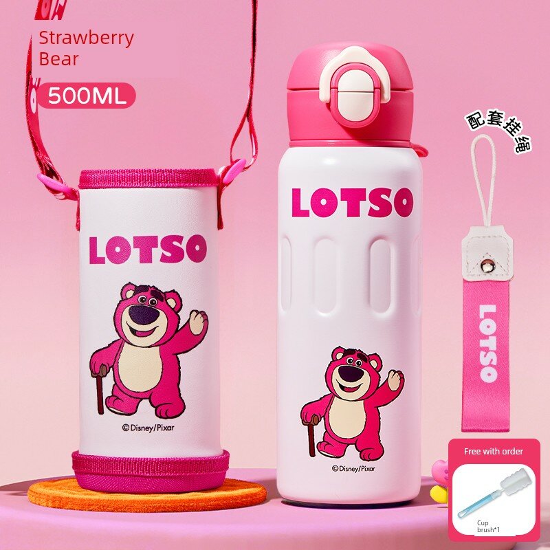 Детская кружка-термос Strawberry Bear Розовая 500 мл с двойным питанием из нержавеющей стали 316L и кожаным чехлом