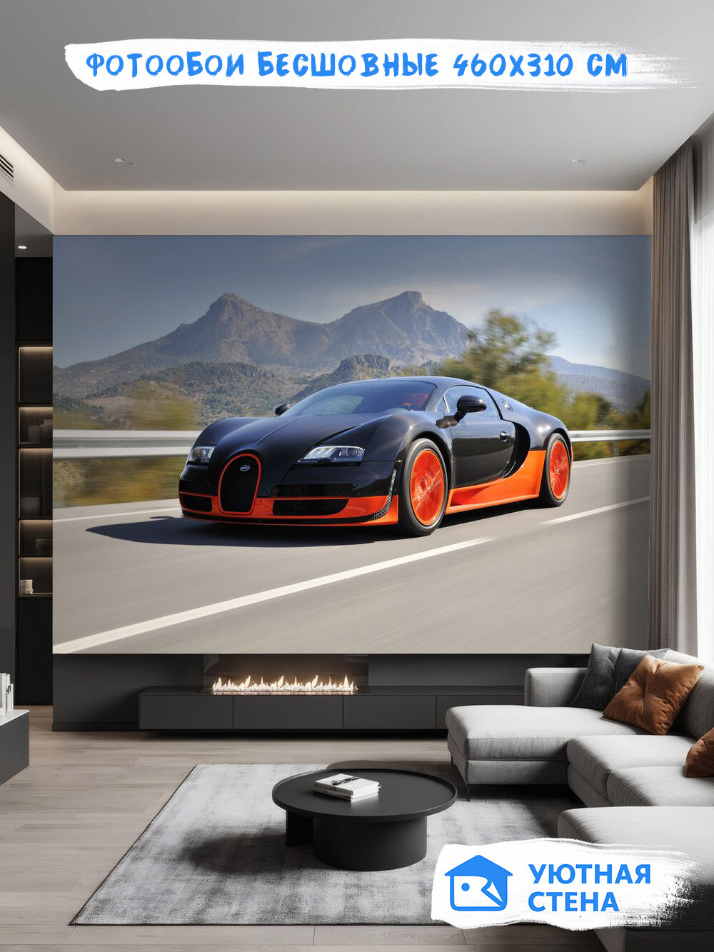 Фотообои "Bugatti Veyron Super Sport едет по дороге" 460х310 см Виниловые Бесшовные (единым полотном)