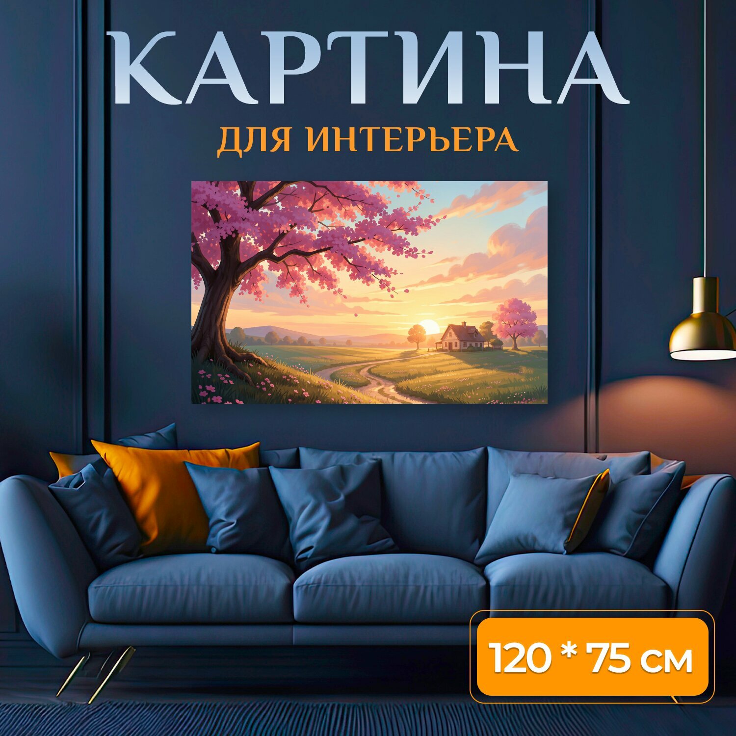 Картина на холсте "Цветущая весенняя деревня на закате. Живописный сельский пейзаж в нежной цифровой живописи: розовые деревья, домик." на подрамнике 120х75 см. для интерьера