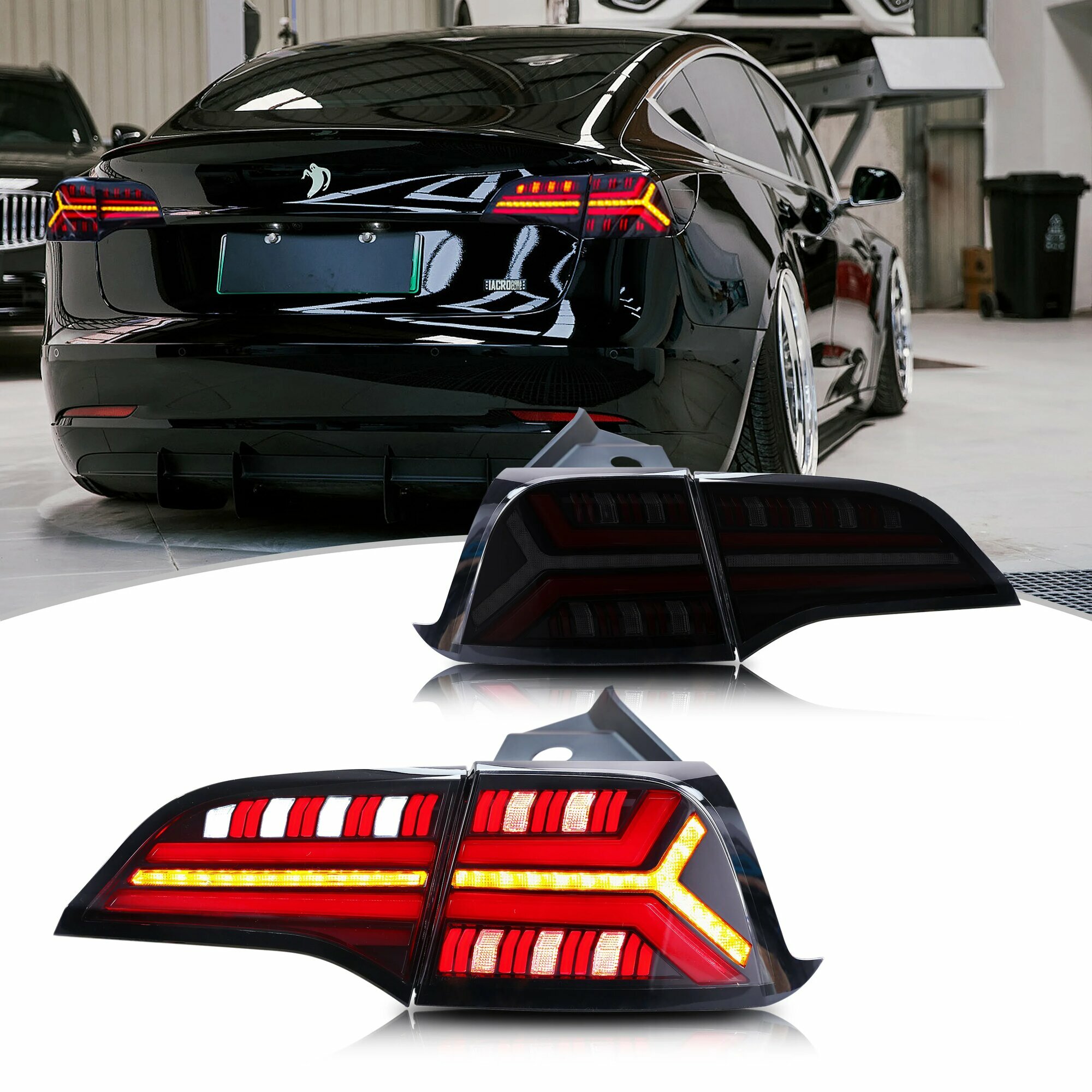 Фаркопные светодиодные фары для Tesla Model 3 Model Y 2017-2022 с последовательным желтым поворотным сигналом, динамической анимацией, чёрными задними фарами (комплект)