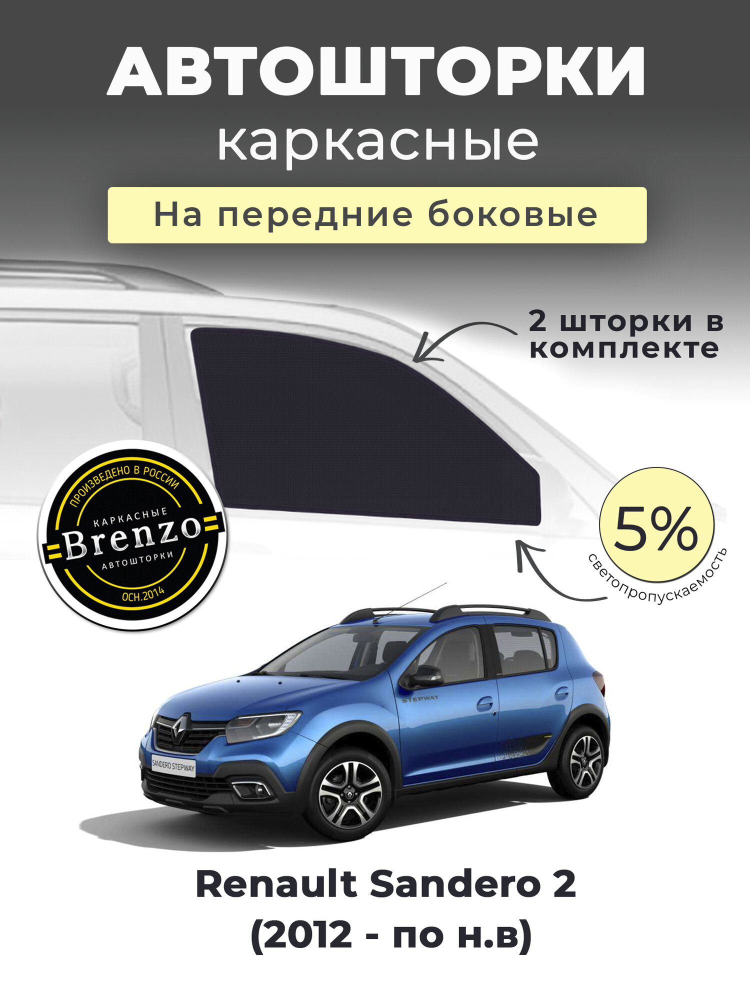 Каркасные шторки Renault Sandero 2 Хетч. 5дв. (2012-НВ) на передние двери 5%, сетки от солнца в машину
