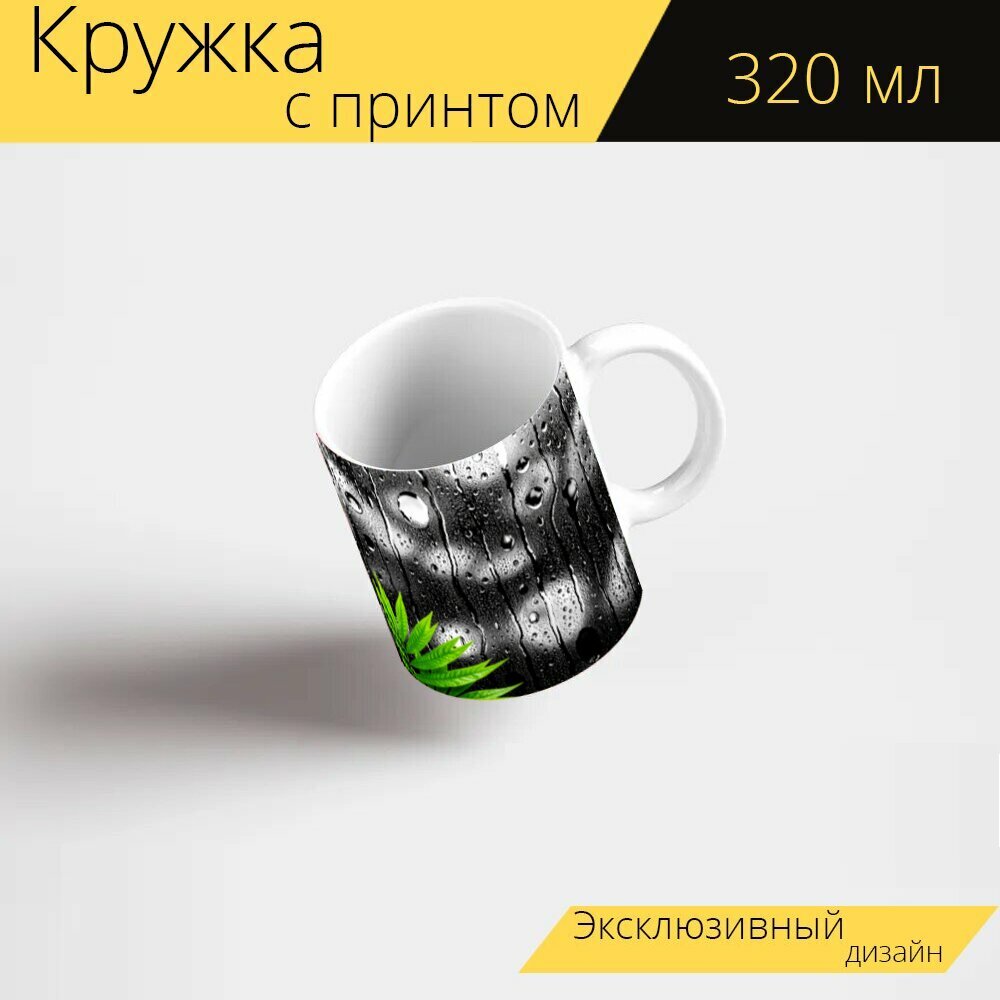 Кружка с рисунком, принтом "Листва на фоне капель дождя. Контрастная черно-белая композиция с рельефными водяными каплями, стеклянными потеками и ярко-зеленым тропическим." 320 мл.