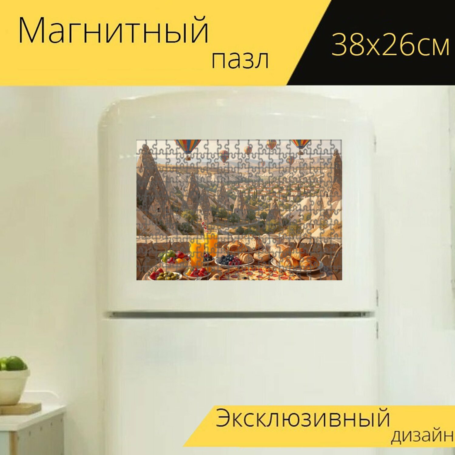 Магнитный пазл "Воздушные шары над долиной. Панорамный средиземноморский вид с яркими аэростатами над скальными домами и солнечной долиной. На переднем." для интерьера, 38х26 см.