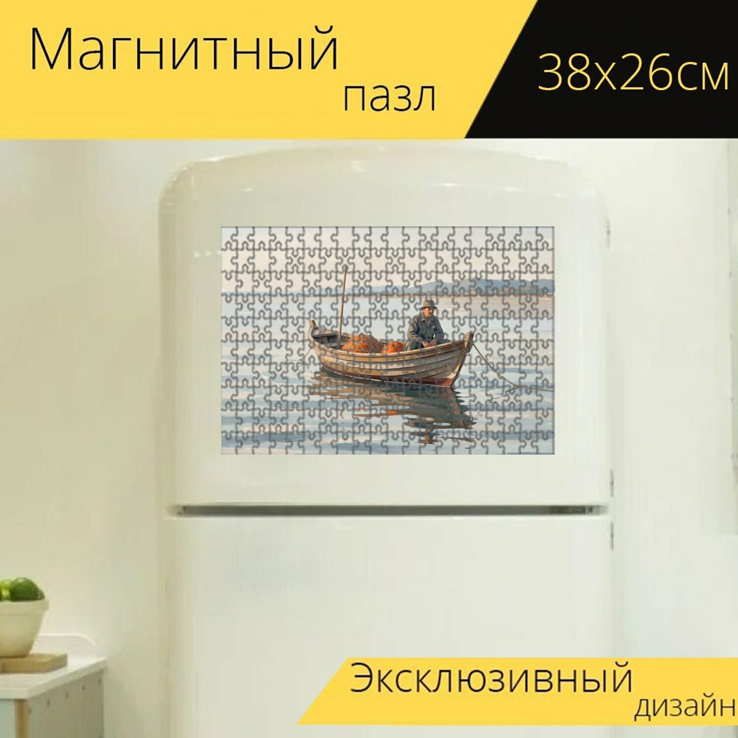 Магнитный пазл "Рыбак в лодке на воде. Спокойная морская сцена в мягкой живописной манере: одинокий мужчина в деревянной лодке, рыболовные сети и буйки." для интерьера, 38х26 см.