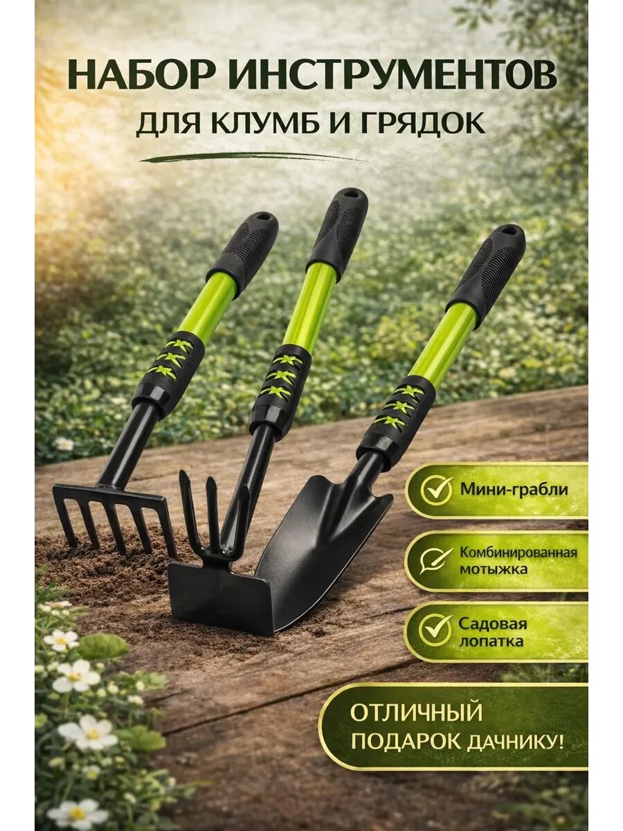Набор садовых инструментов 3в1 для грядок и клумб
