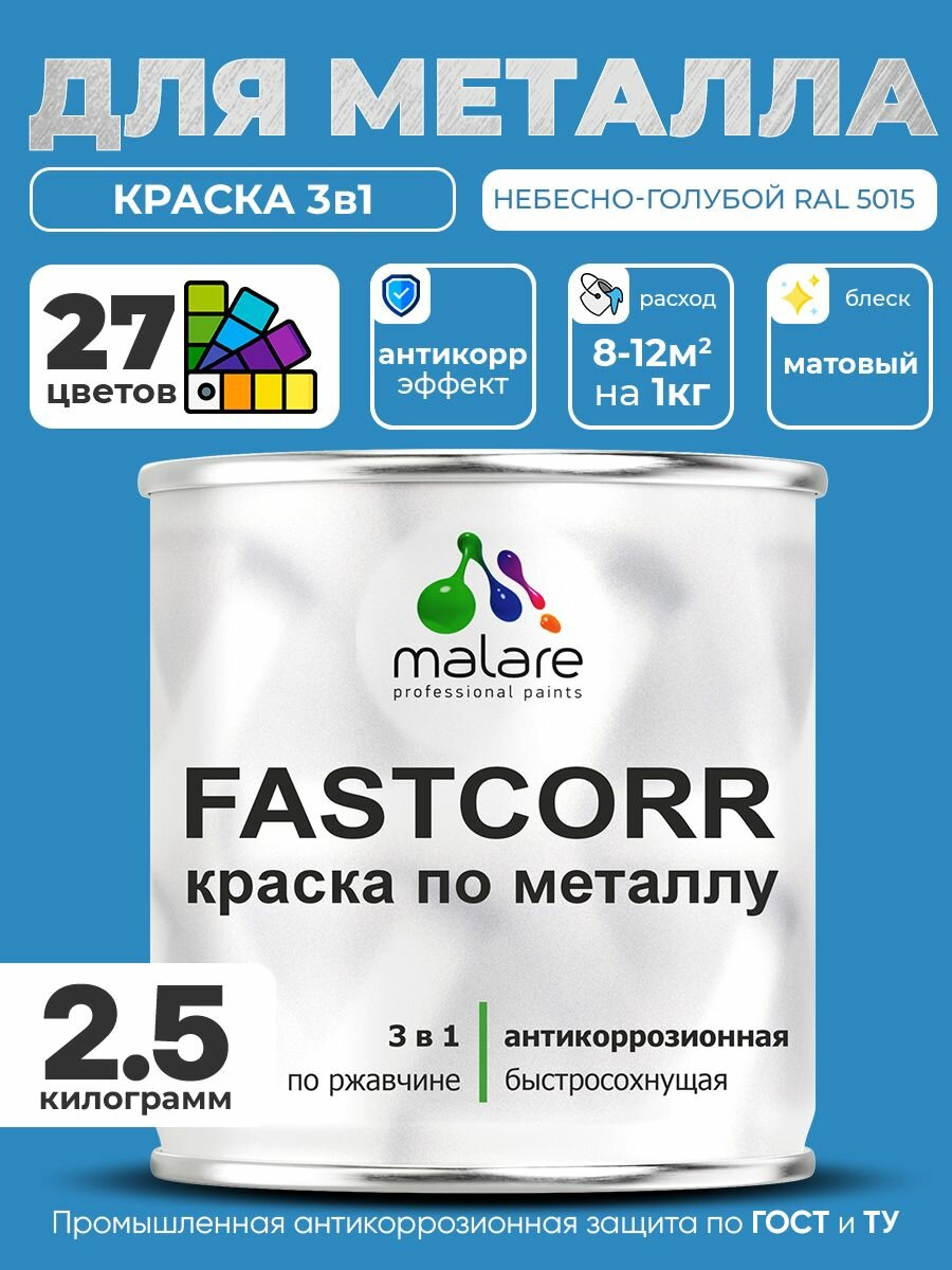 Краска по металлу Malare FastCorr по ржавчине, антикоррозионная, быстросохнущая, матовая, RAL 5015, небесно-голубой, 2,5 кг.